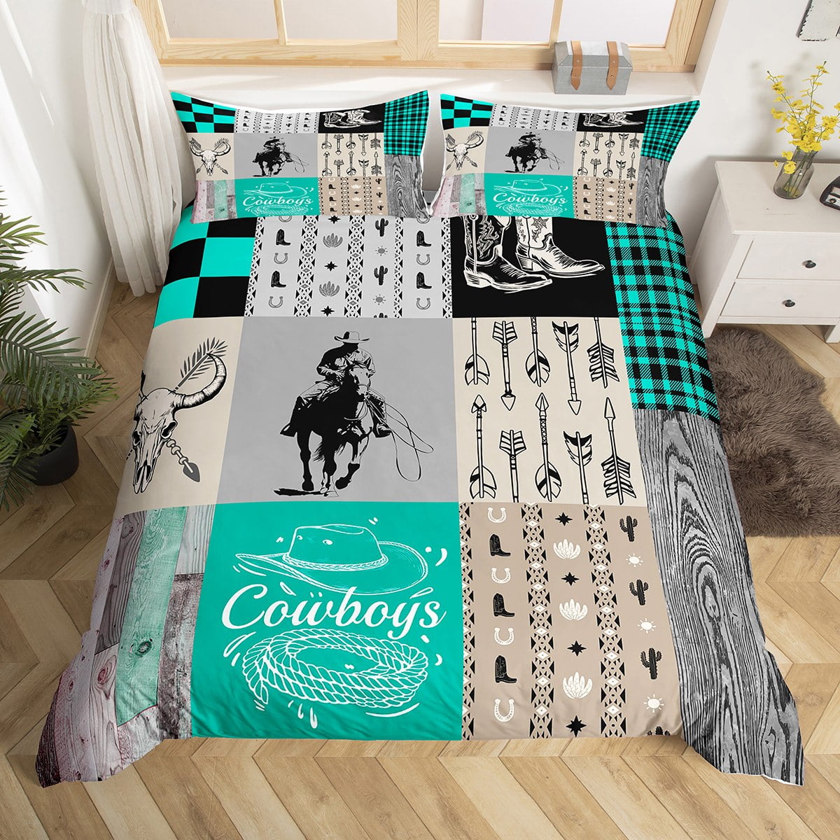 Erosebridal Western Cowboy Comforter Cover Twin Country Horse Cow Print Bedding Set Boho Plaid ...