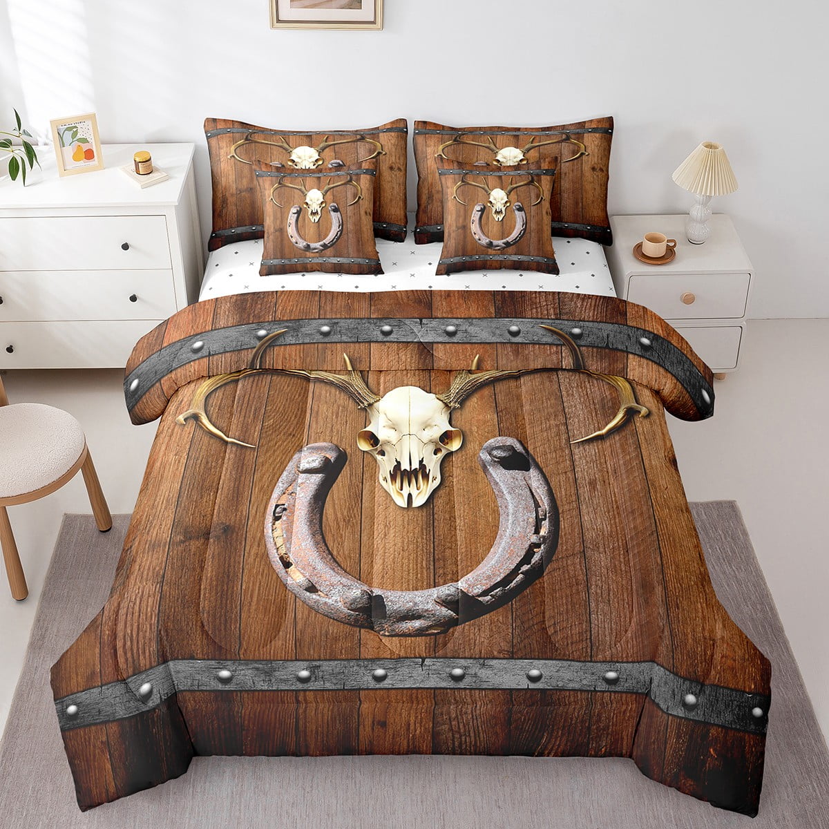 Western Cowboy King Comforter Set 7 Piece Deer Skull Horseshoe Bed In A ...