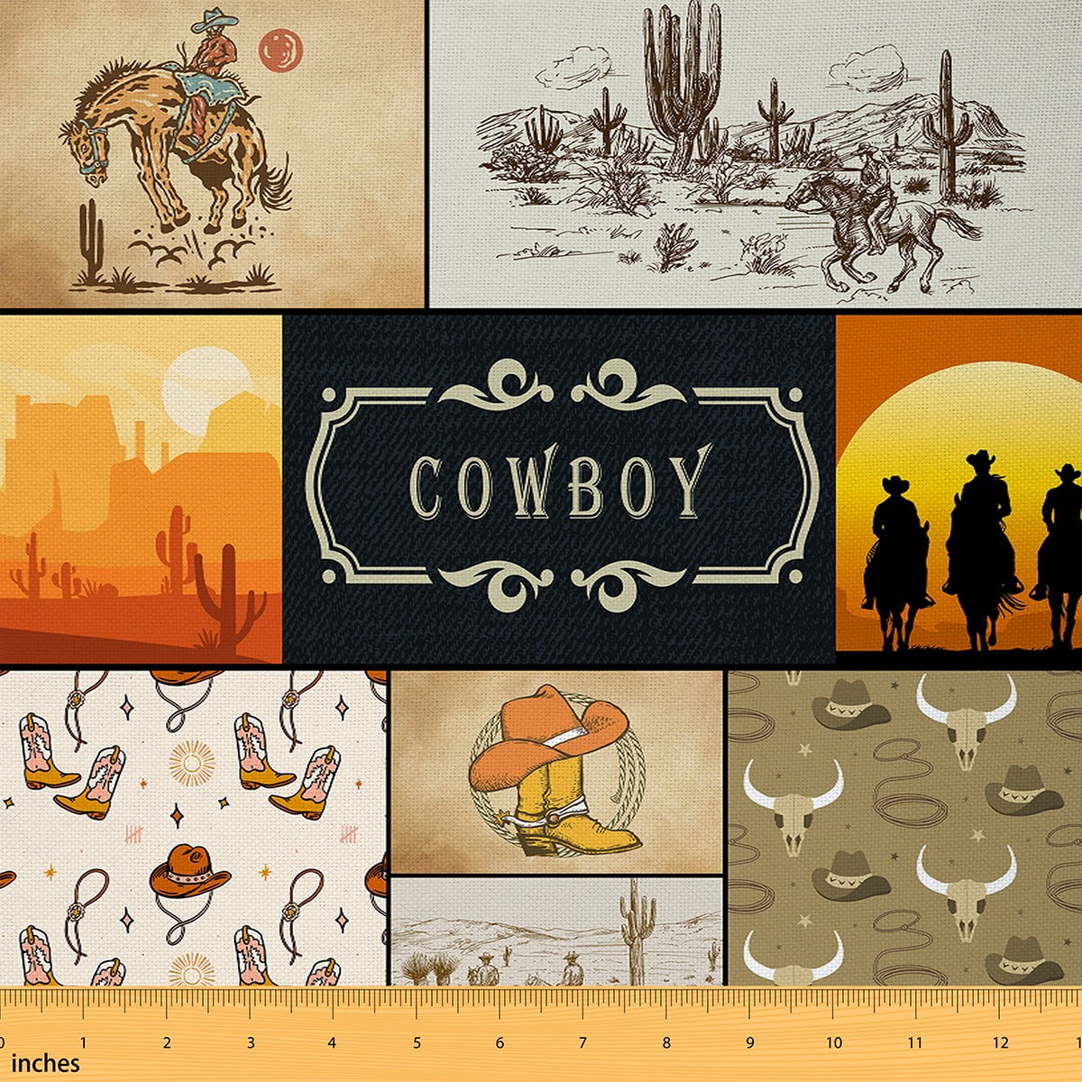 YST Western Cowboys Cowgirl Fabric by The Yard,Indian Bull Skull Hat ...