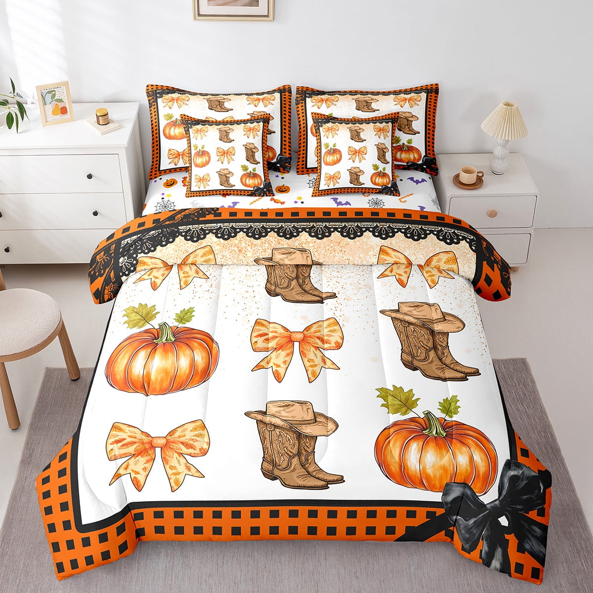 YST Western Cowgirl Queen Comforter Set 7 Piece,Cowboy Boots Hat Bed In A Bag With Sheets Orange ...