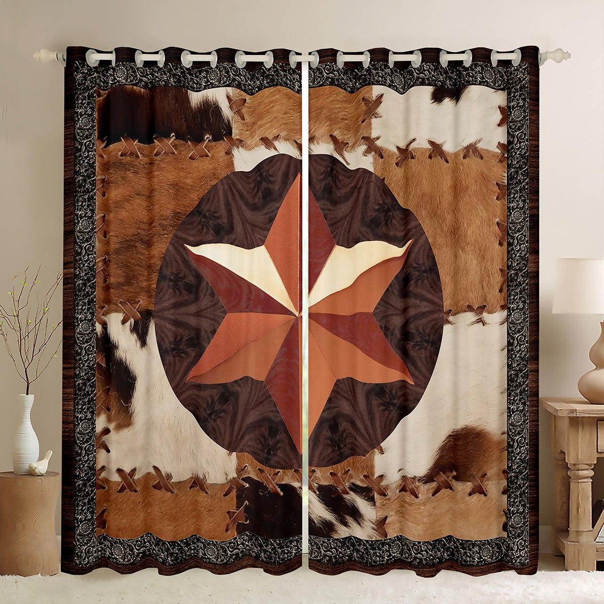 YST Western Cowhide Blackout Curtains,Rustic Texas Star Curtains for ...