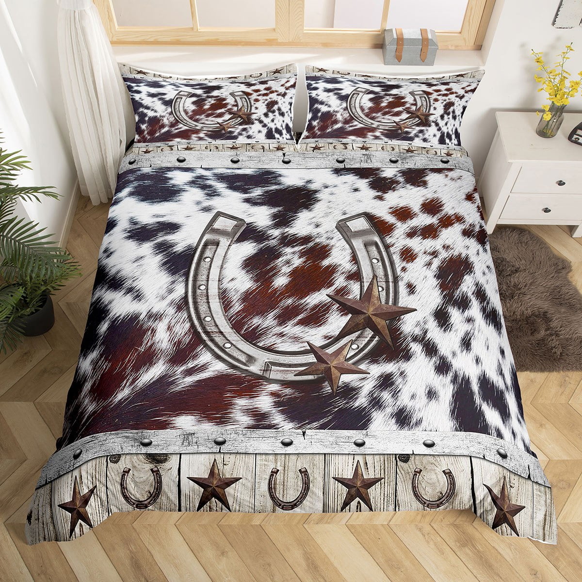YST Western Cowhide Comforter Cover Country Horseshoe Bedding Set Full ...