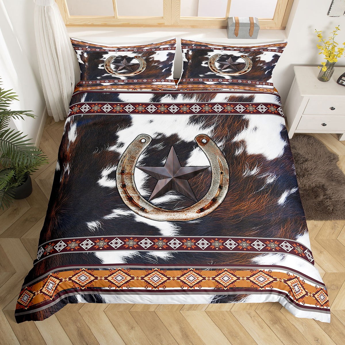 YST Western Cowhide Horseshoe Bedding Set Southwestern Boho Aztec Duvet ...