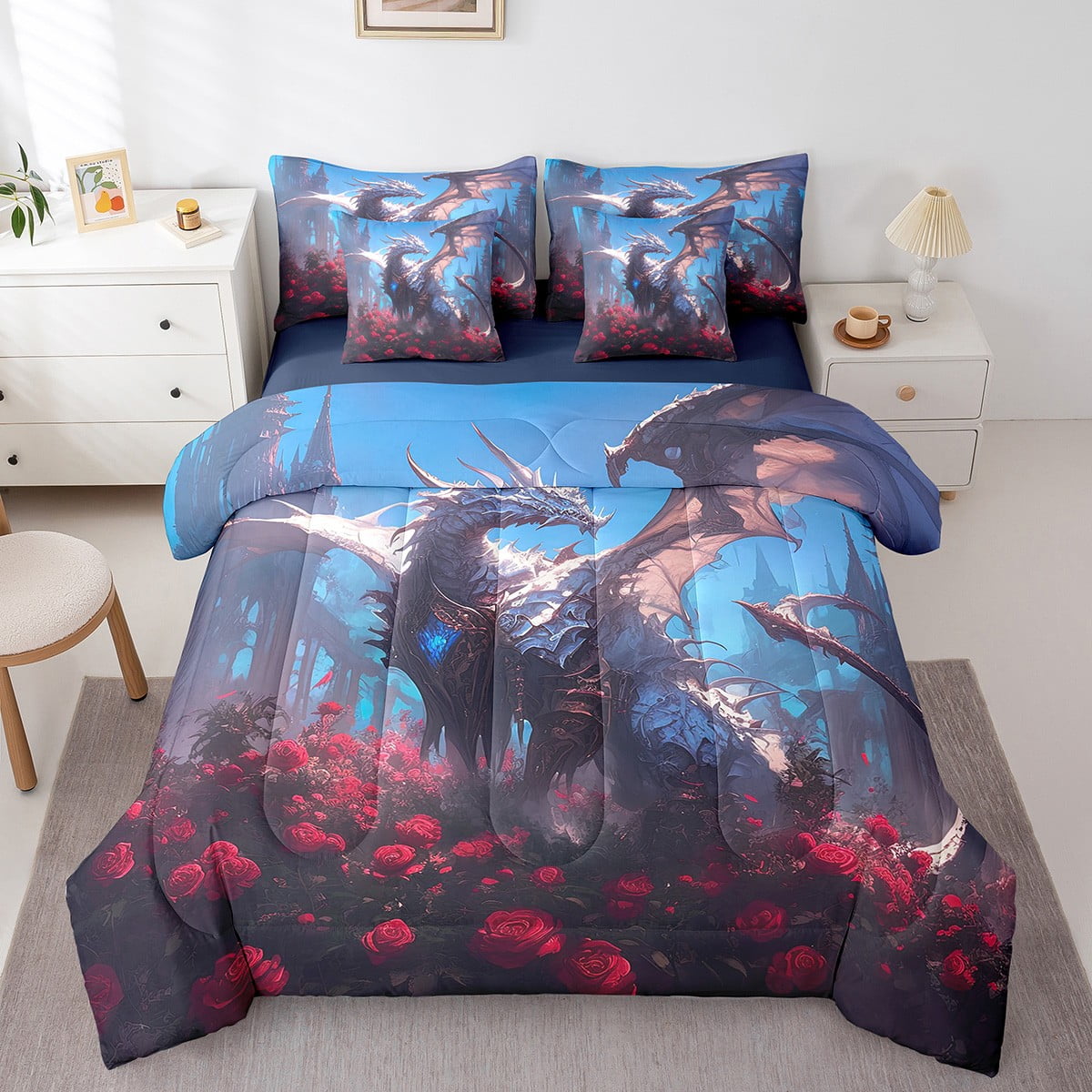 YST Western Dragon Bed In A Bag 7 Piece Gothic Red Rose Floral Bedding ...