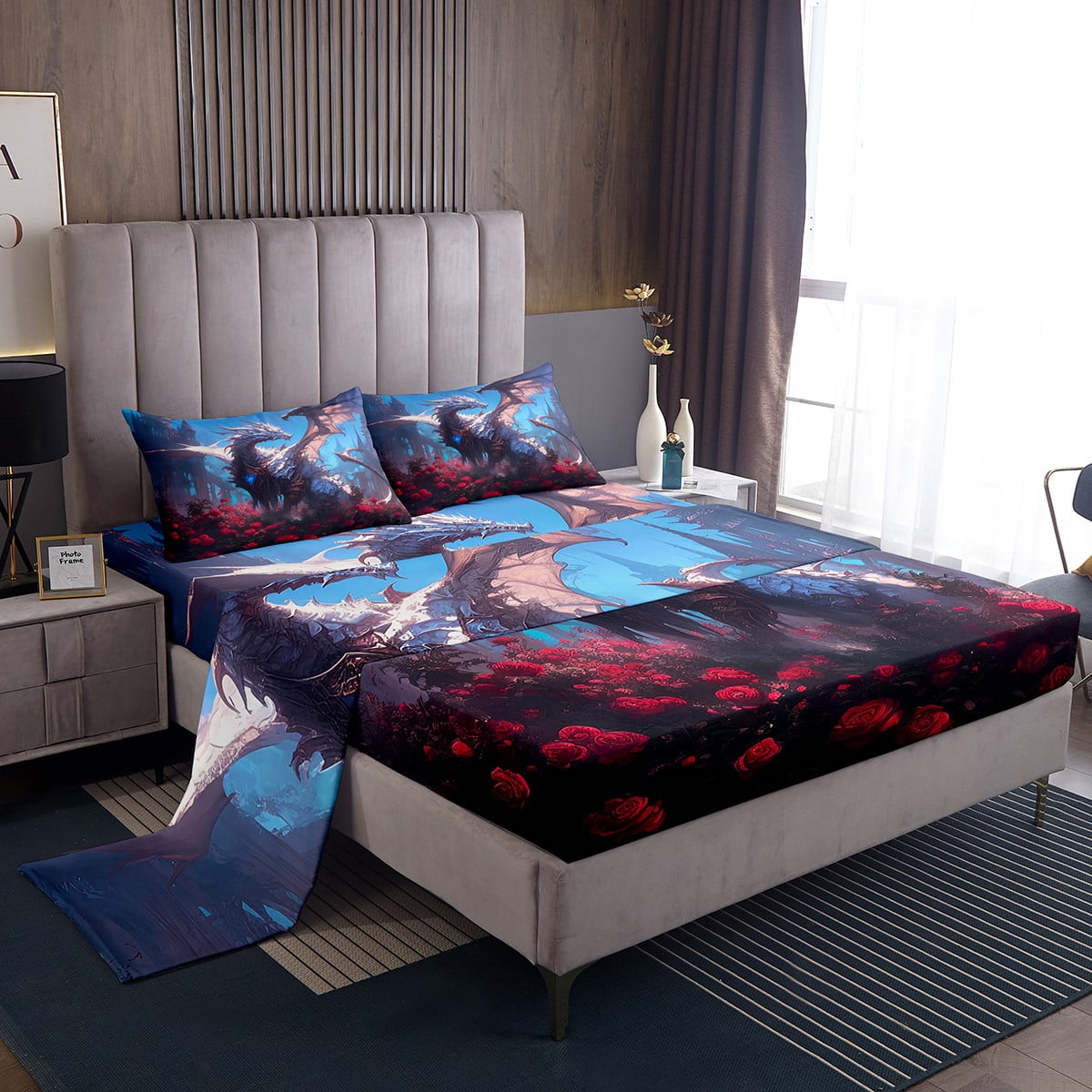 Western Dragon Bedding Sheets Gothic Red Rose Floral Sheet Set King ...