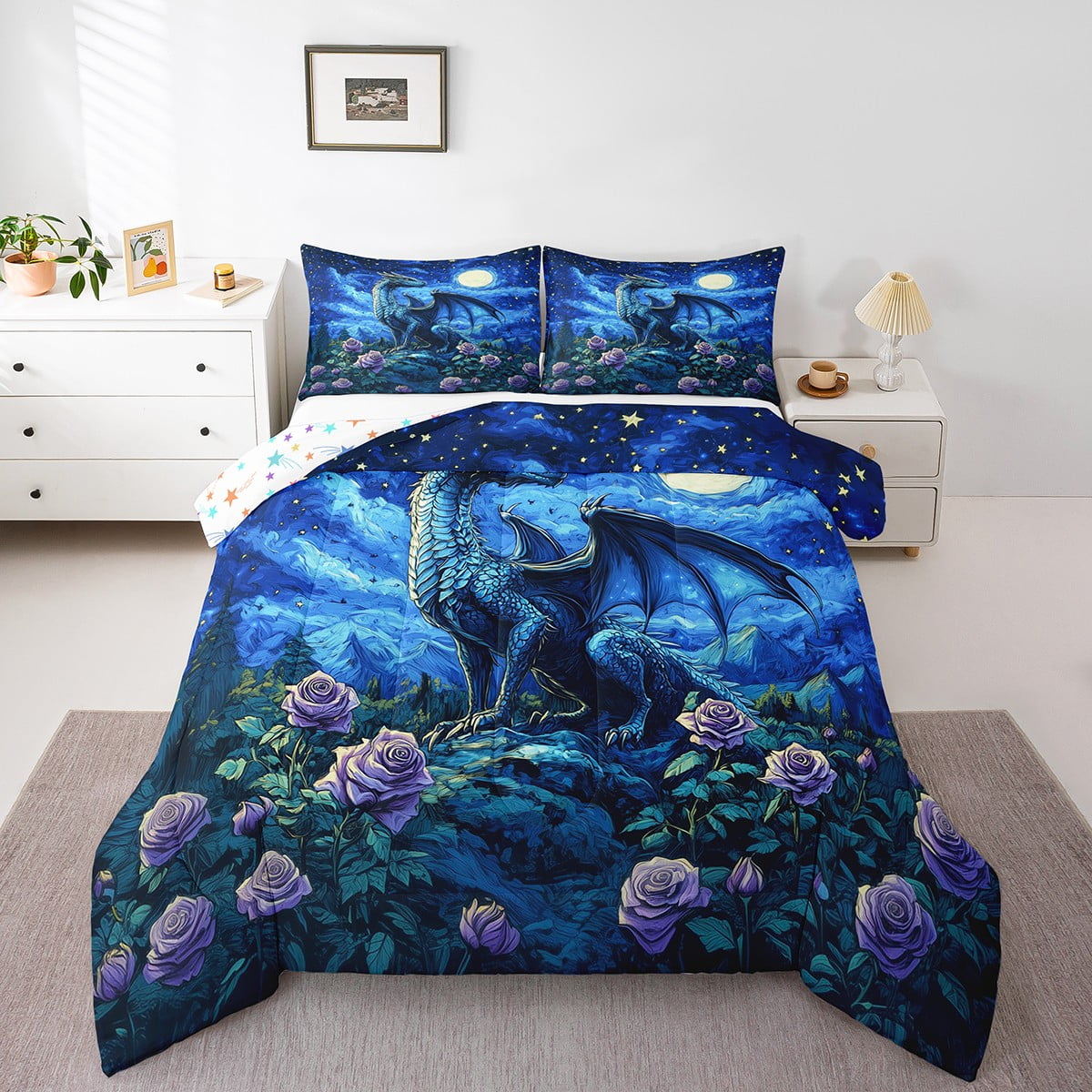 Western Fantasy Dragon Full Bedding Set,Rose Floral Galaxy Comforter ...