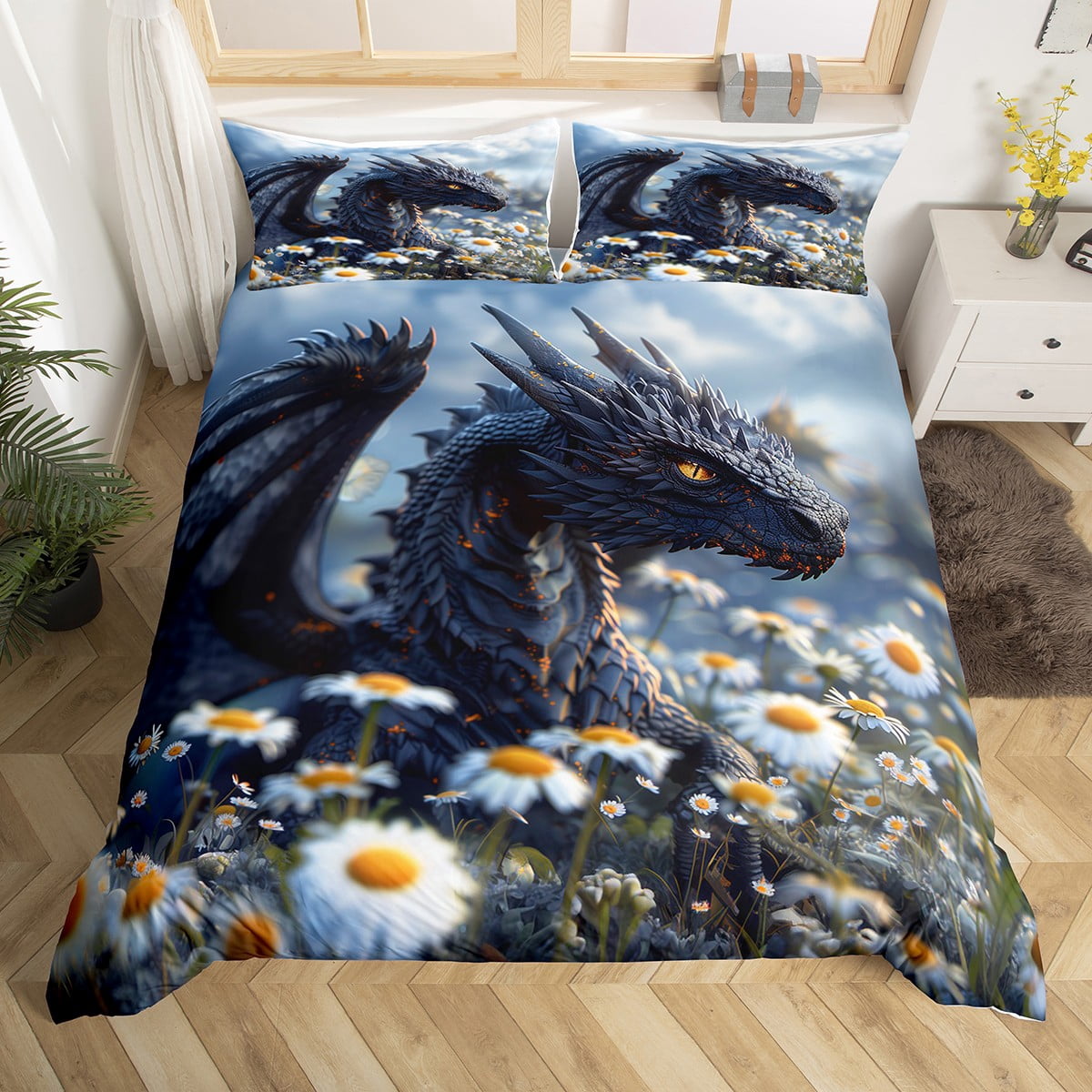 Western Fantasy Dragon King Bedding Set,Black Gothic Dragon Duvet Cover ...