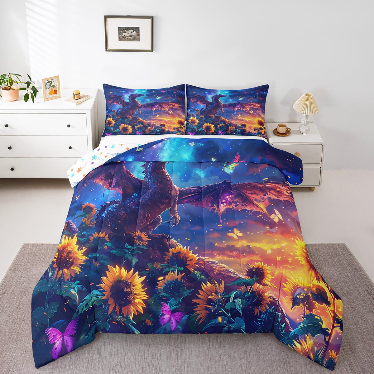 Western Fantasy Dragon King Bedding Set,Purple Blue Galaxy Comforter ...