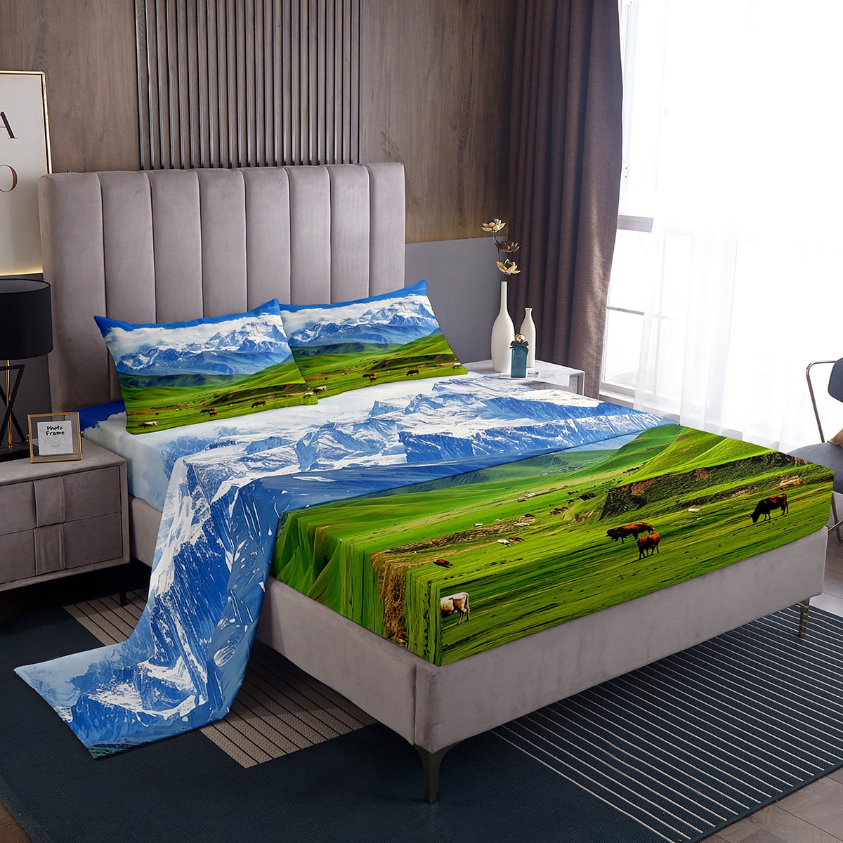 Western Farm Bed Sheets Set Queen,Farmhouse Cow Sheet Set,Snow Mountain ...