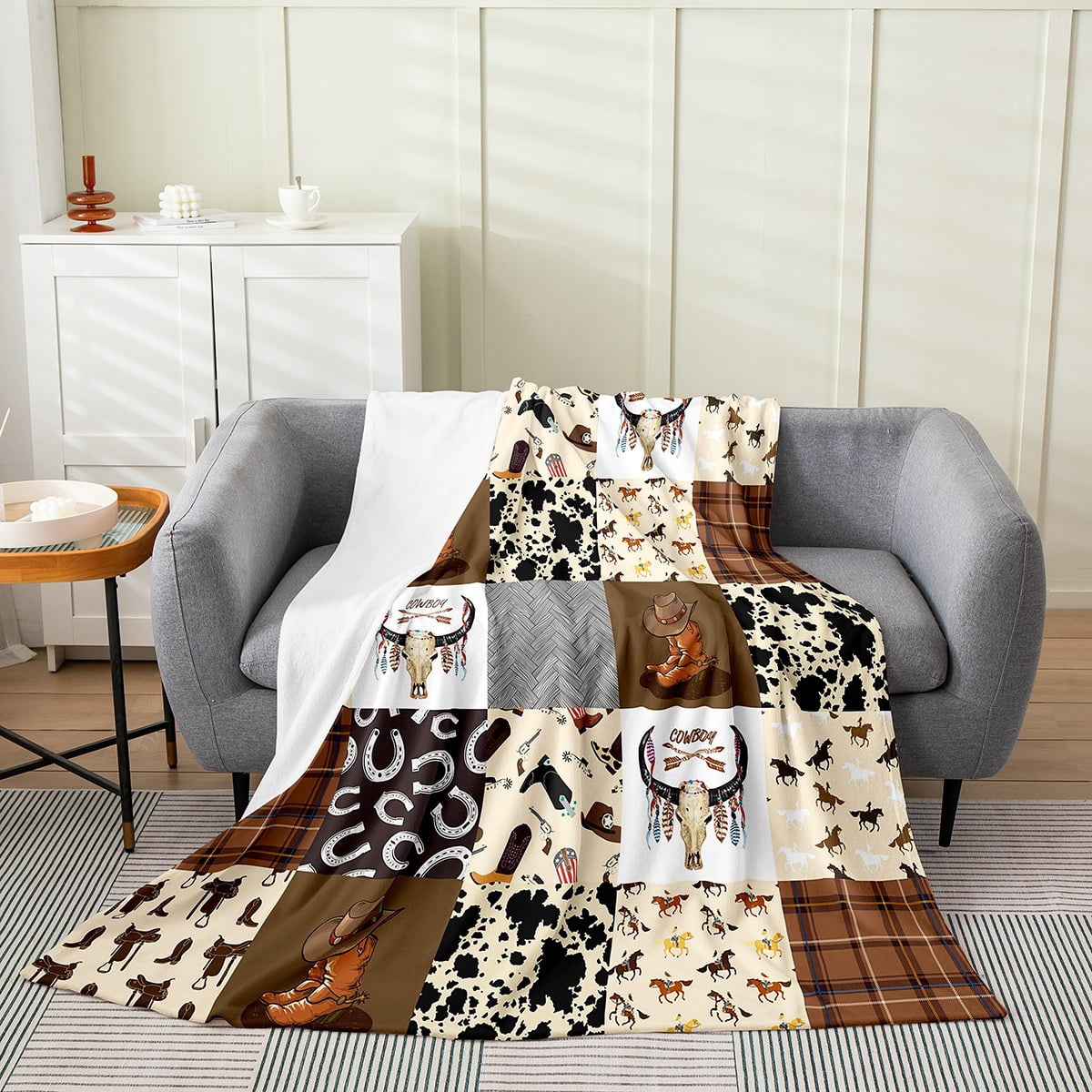 Western Fleece Blanket,Southwestern Cowhide Blanket Queen Inch for ...