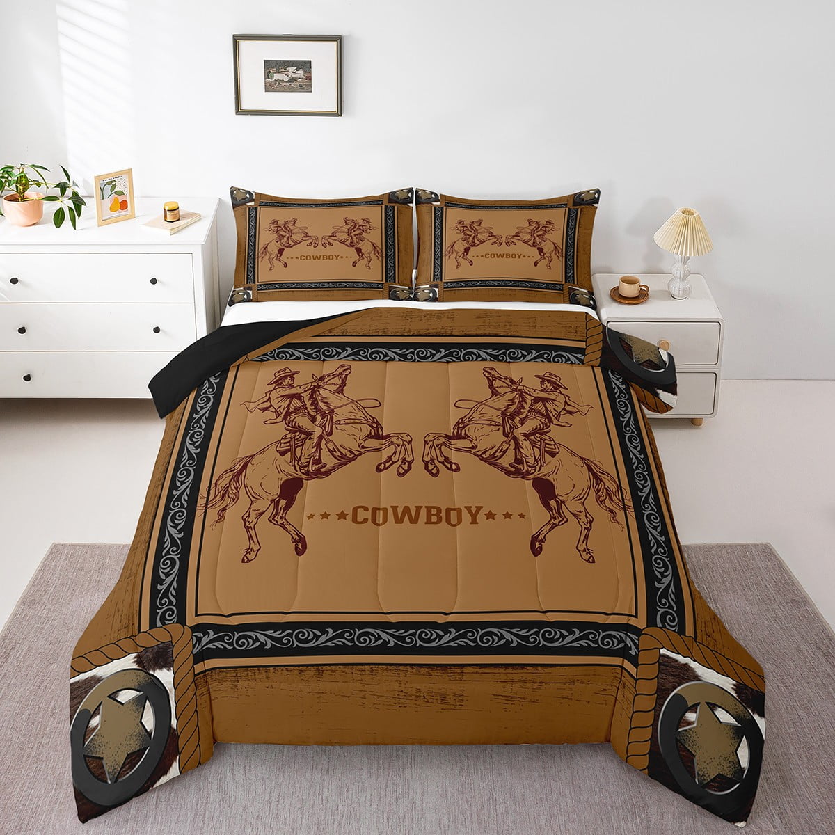 YST Western Queen Size Comforter Set For Boys Men,Vintage Cowboy Brown ...