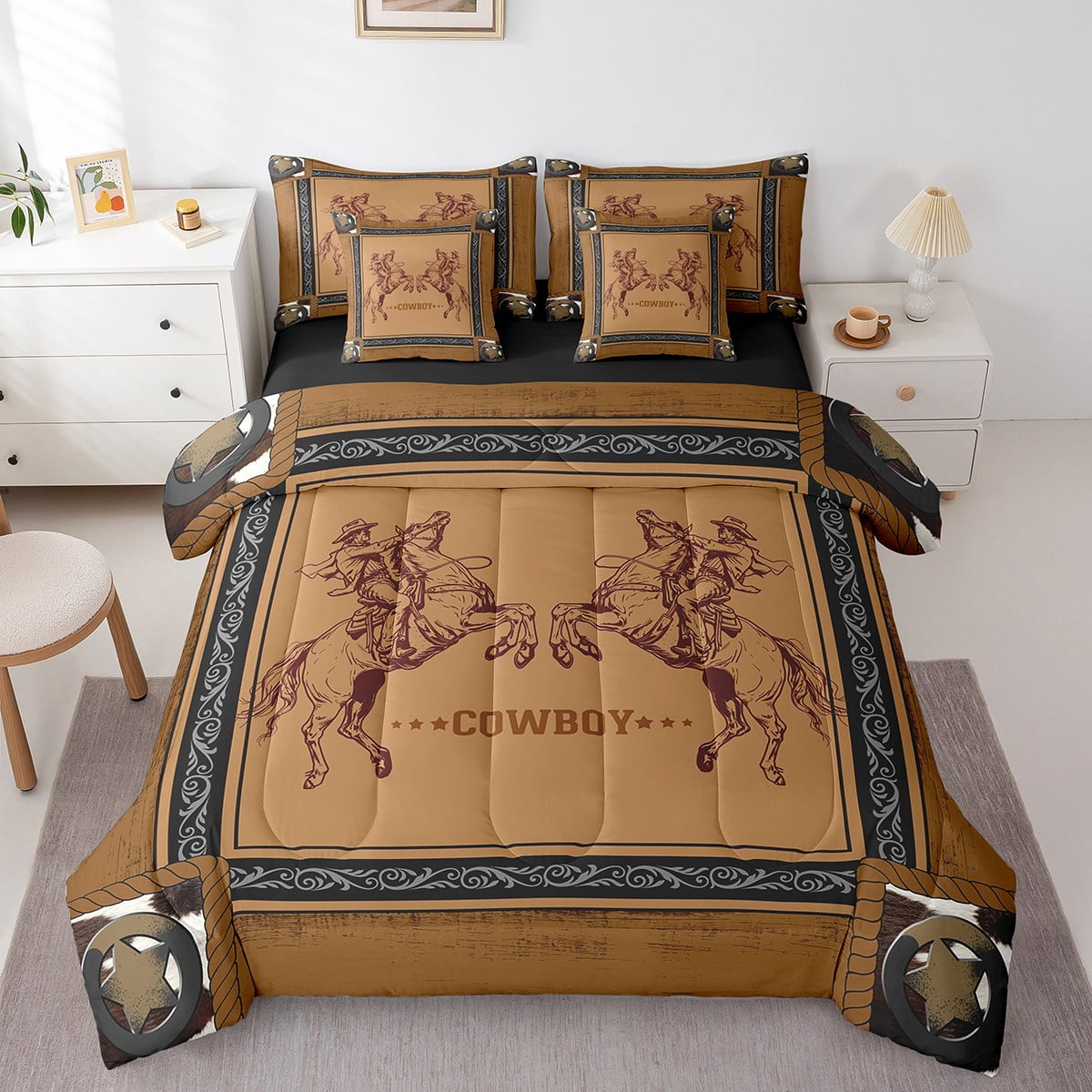 Western Twin 7 Piece Comforter Set With Sheets Men,Vintage Cowboy Brown ...