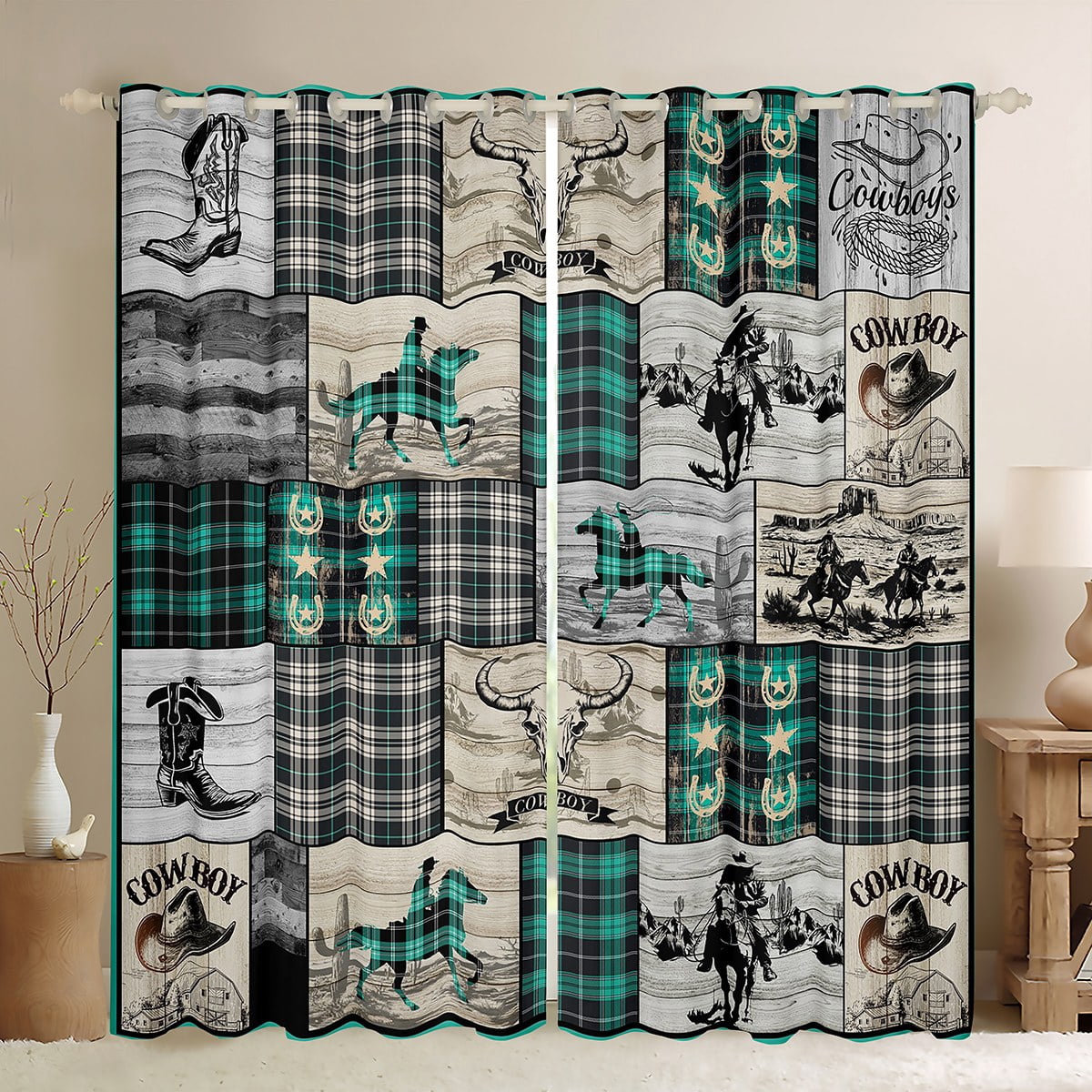 Western Window Treatments 42"Wx84"L Country Cowboy Curtains Boho Bull ...
