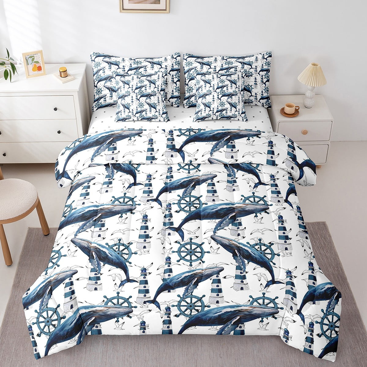 Whale 7 Pcs Comforter Set Full Lighthouse Bedding Set Helm Nautical ...