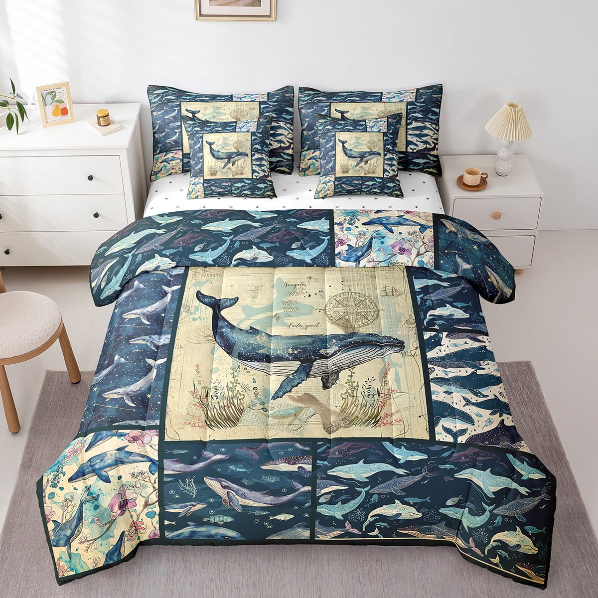 YST Whale 7 Pcs Comforter Set Queen,Retro Nautical Theme Bedding Set ...
