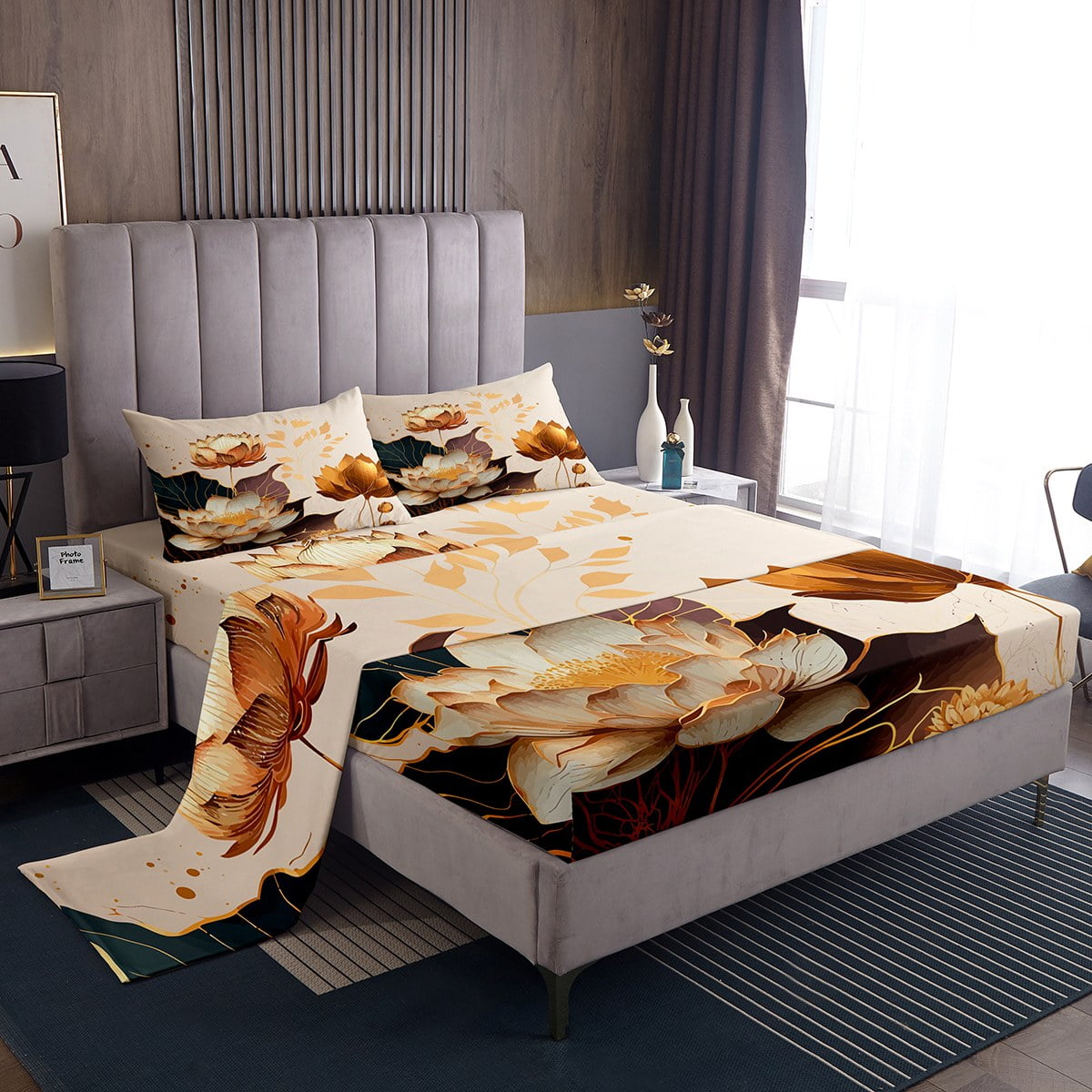 YST White Beige Gold Floral Bed Sheets Set Chic Lotus King Size Sheet ...