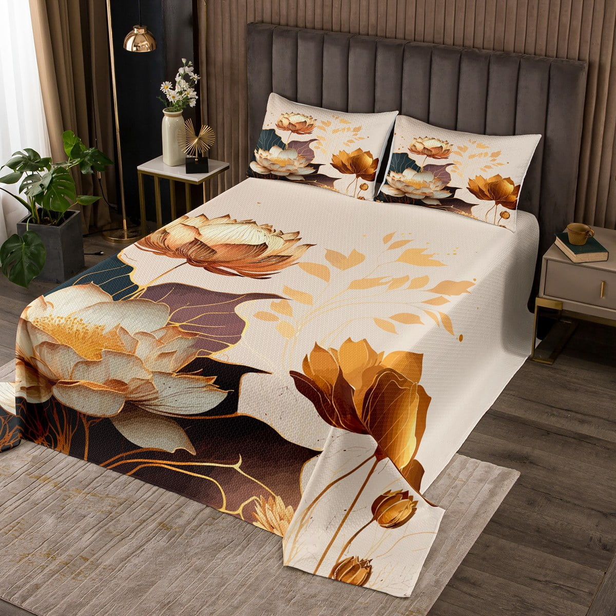 White Beige Gold Floral Bedspread Twin Size Chic Lotus Quilt Set ...