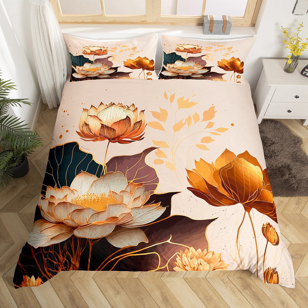 White Beige Gold Floral Comforter Cover Chic Lotus Bed Set, Gradient ...