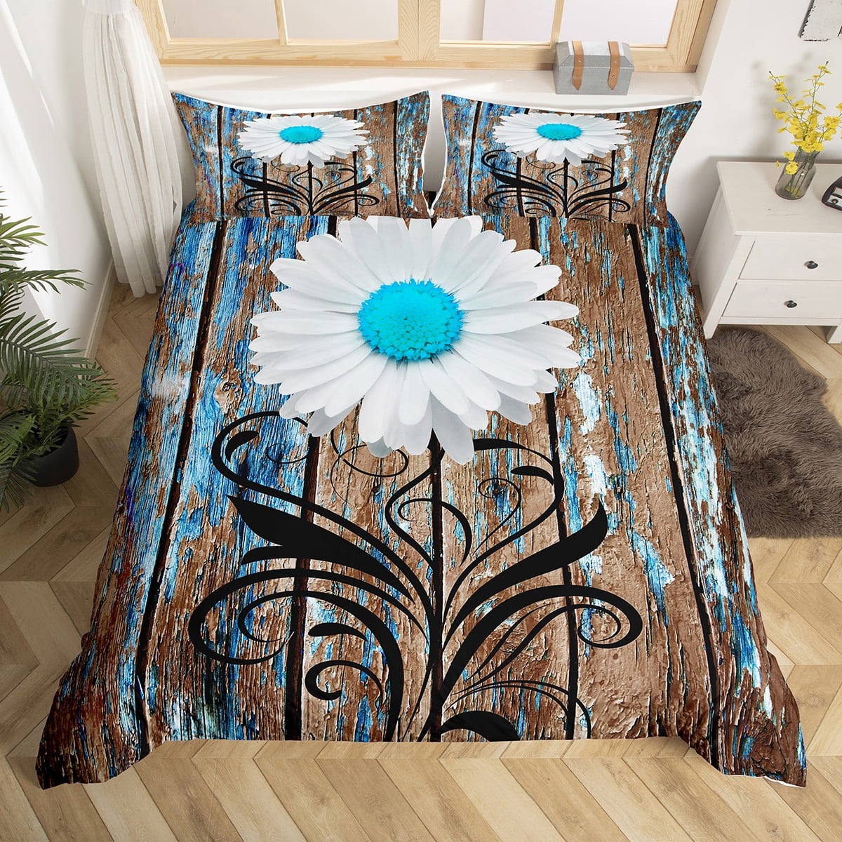 YST White Blue Daisy Bedding Sets King Chic Floral Flower Comforter ...