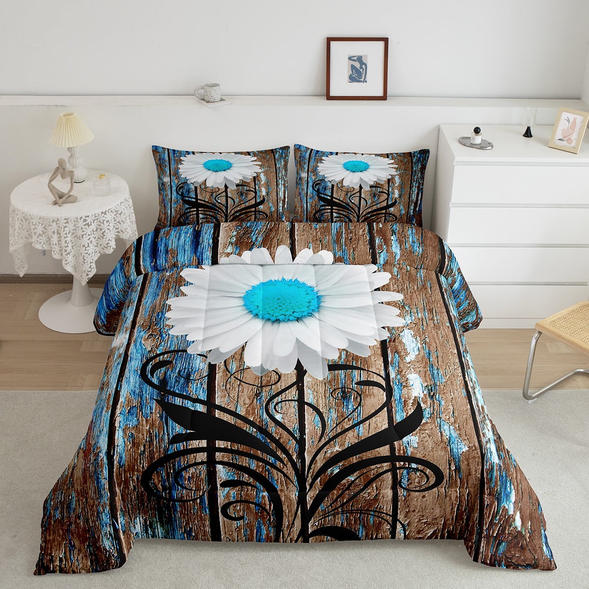 YST White Blue Daisy Comforter Set Queen Chic Floral Flower Bedding Set ...