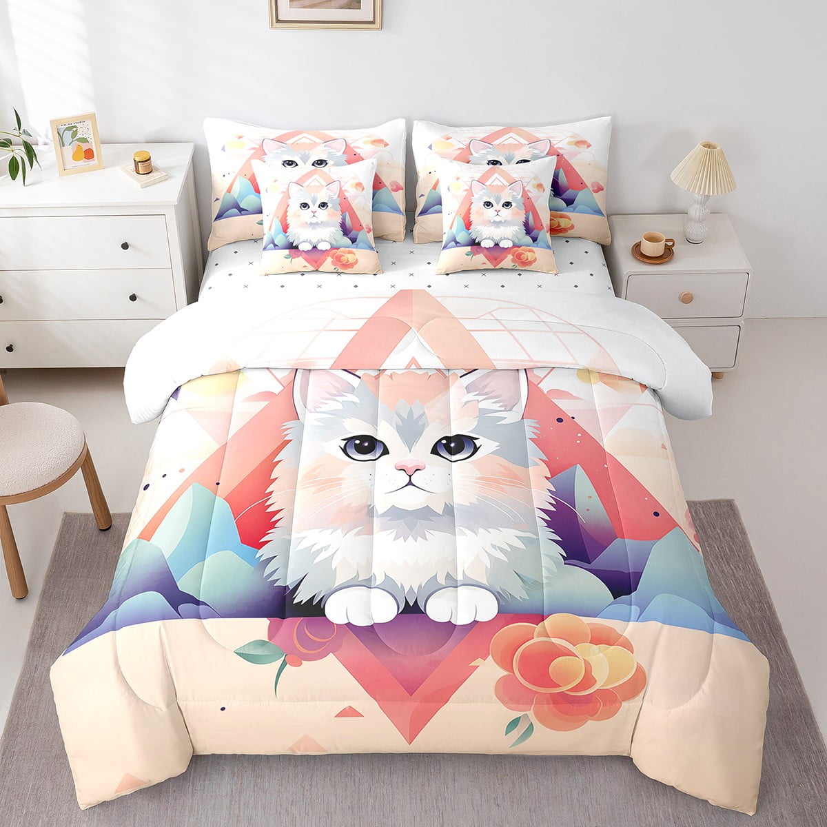 YST White Cat Animal Bed In A Bag 7-Piece Cute Kitten Pet Queen Size ...