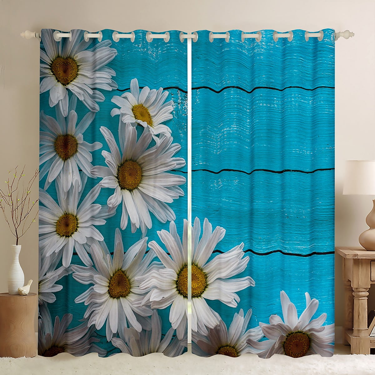 YST White Daisy 2 Panels 38"Wx45"L Curtains & Drapes,Flowers Curtains Bohemian Floral Blackout ...