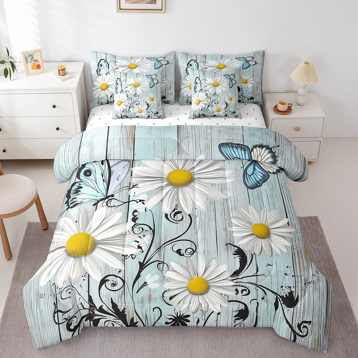 YST White Daisy Bed In A Bag Queen Comforter Set 7 Piece, Kids Floral ...