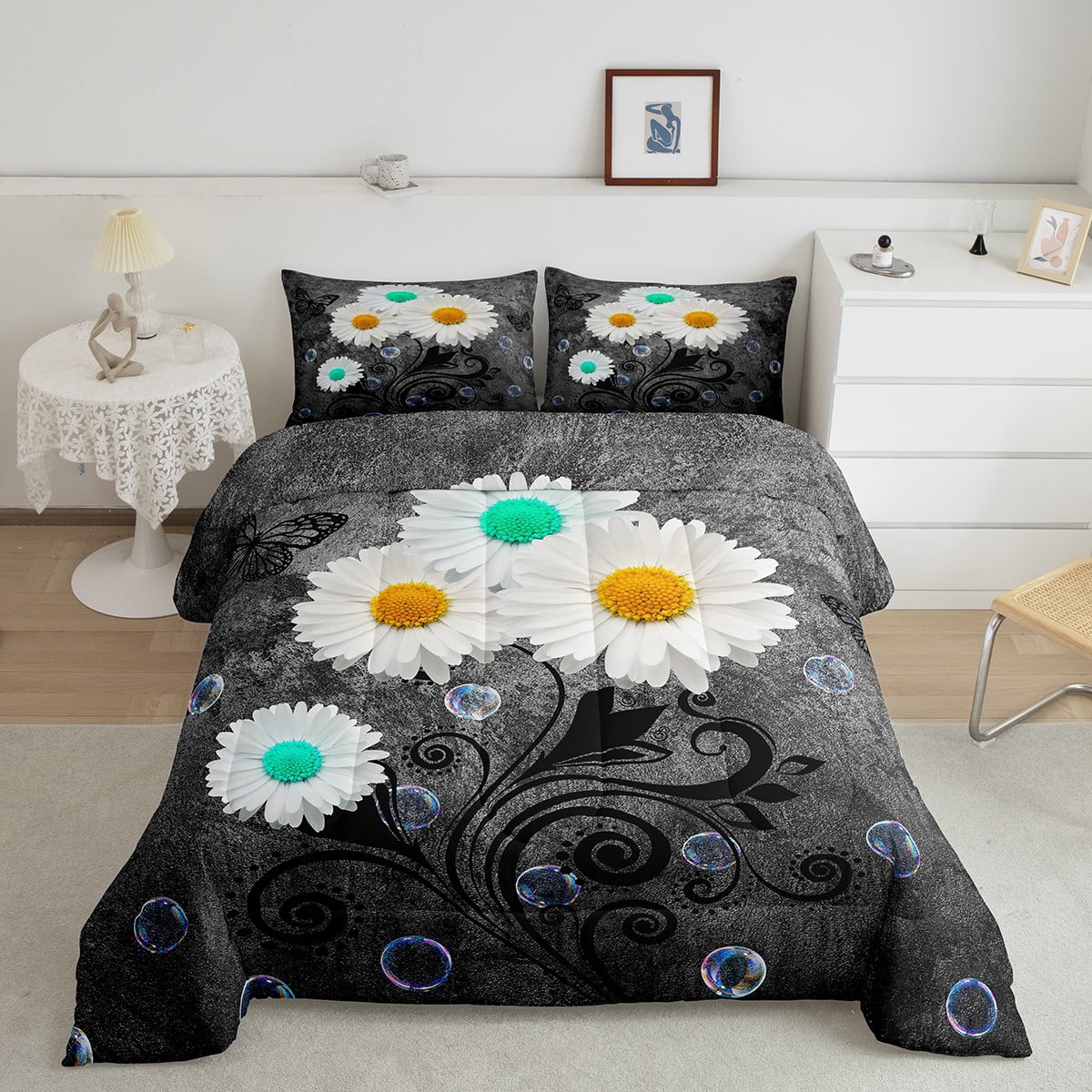 YST White Daisy Comforter Set Queen Vintage Grey Bedding Set, Black ...