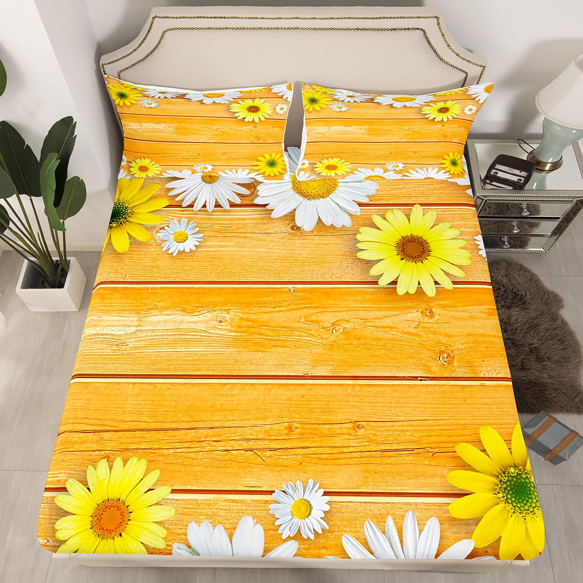 YST White Daisy Fitted Sheet Flowers Queen Bed Sheets for Girls,Boho ...