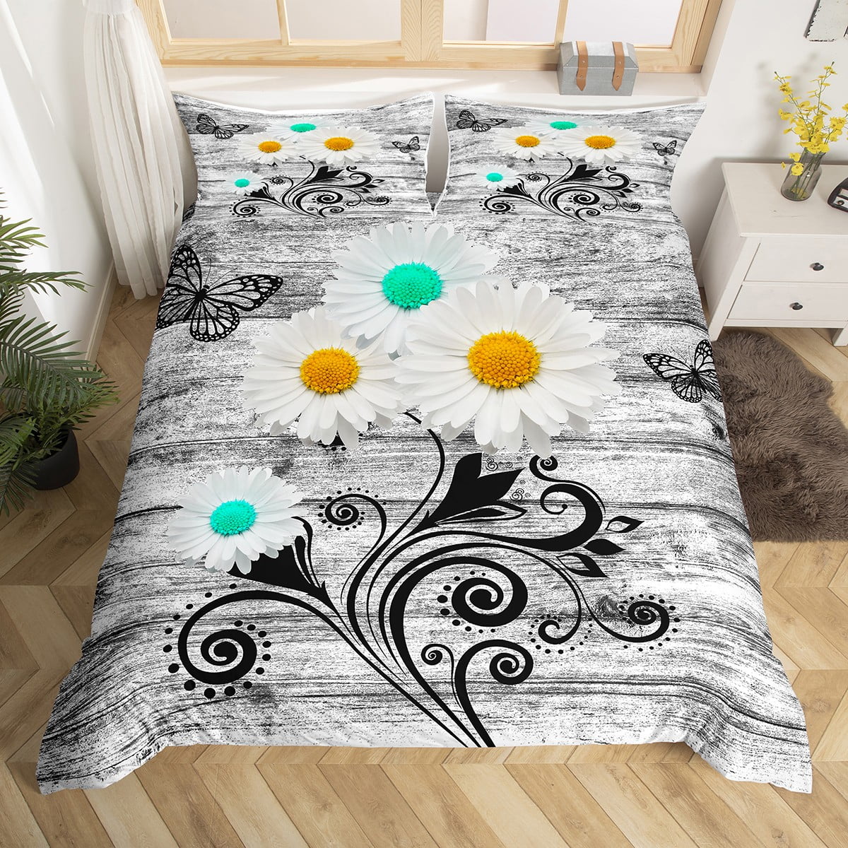 YST White Daisy Flower Comforter Cover Chic Floral Bed Set for Women ...