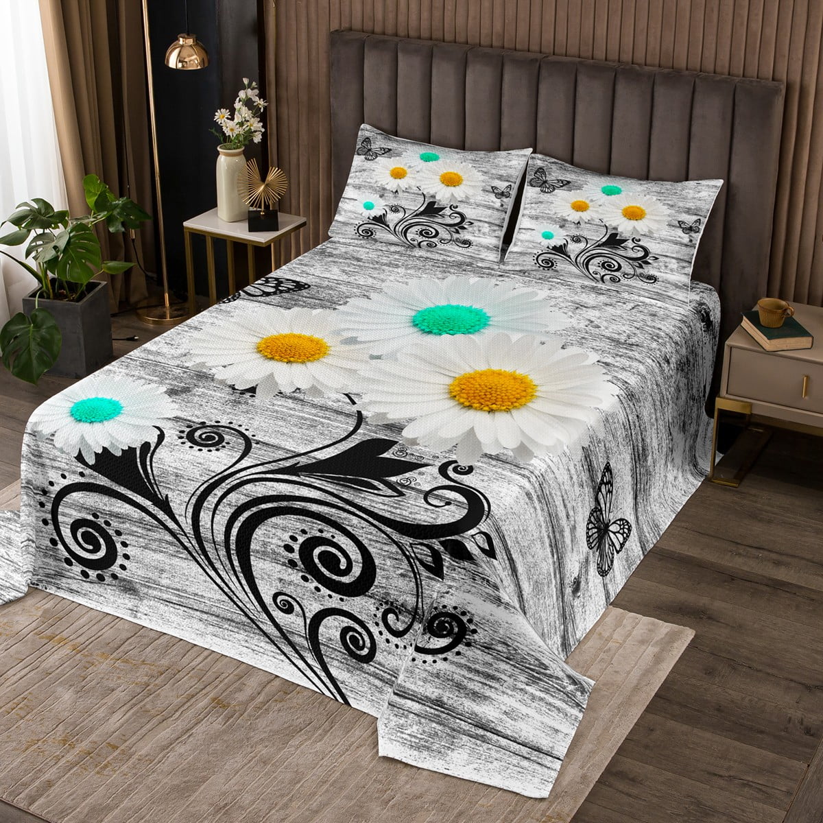 YST White Daisy Flower Coverlet King Size Chic Floral Bedding Set for ...