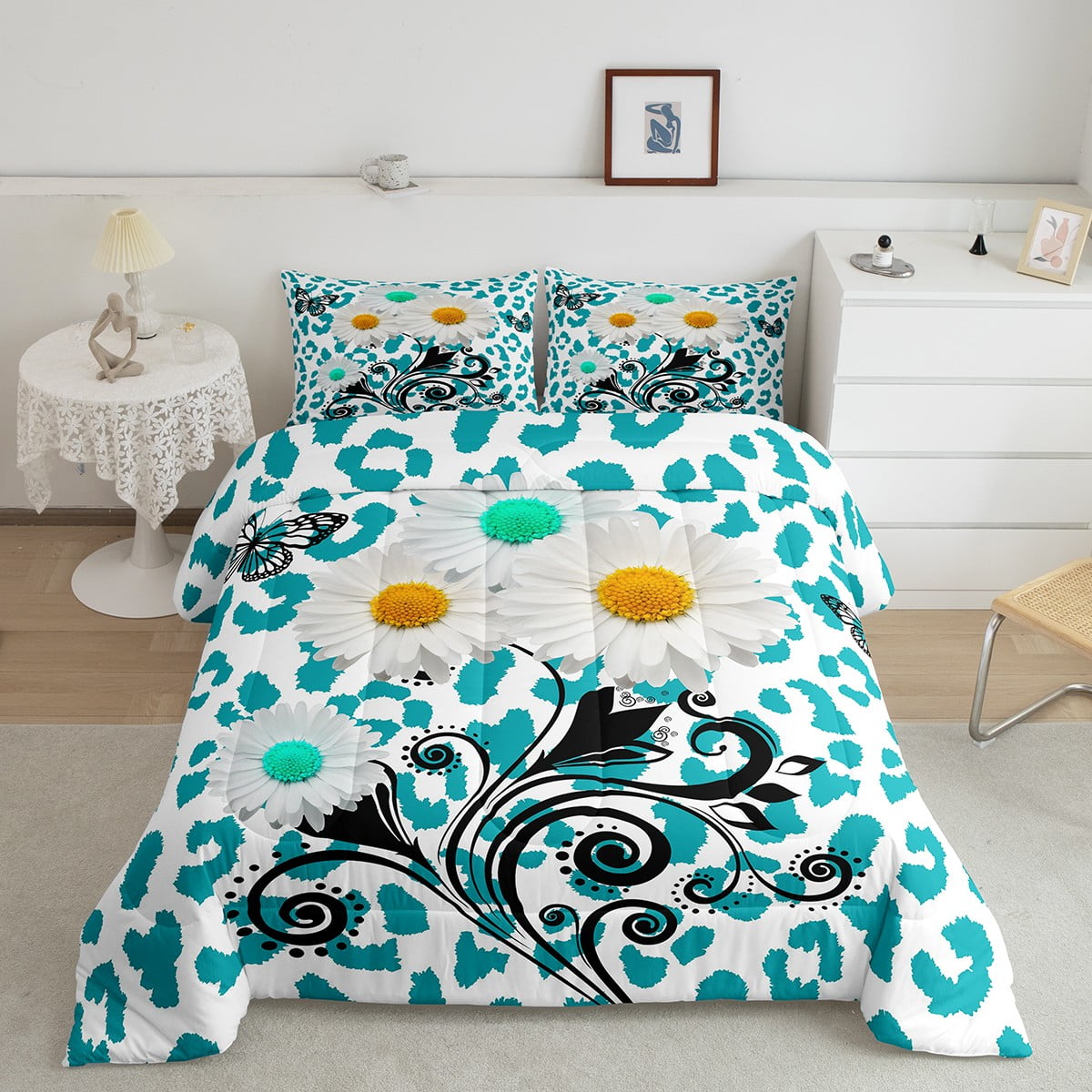 YST White Flower Bedding Set Queen Hair Skin Comforter Set, Teal Blue ...