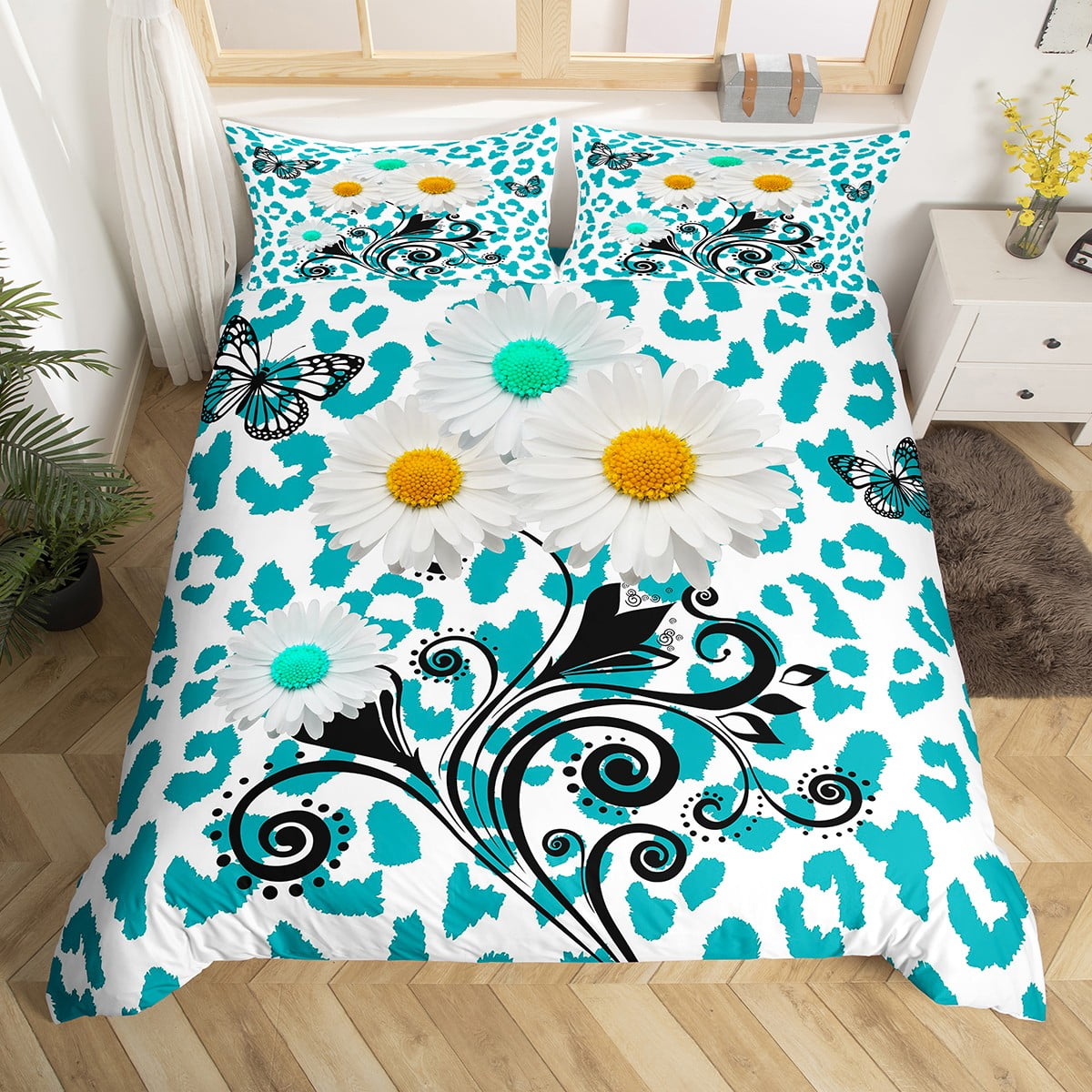 White Flower Comforter Cover Hair Skin Bed Set, Teal Blue Leopard Print ...