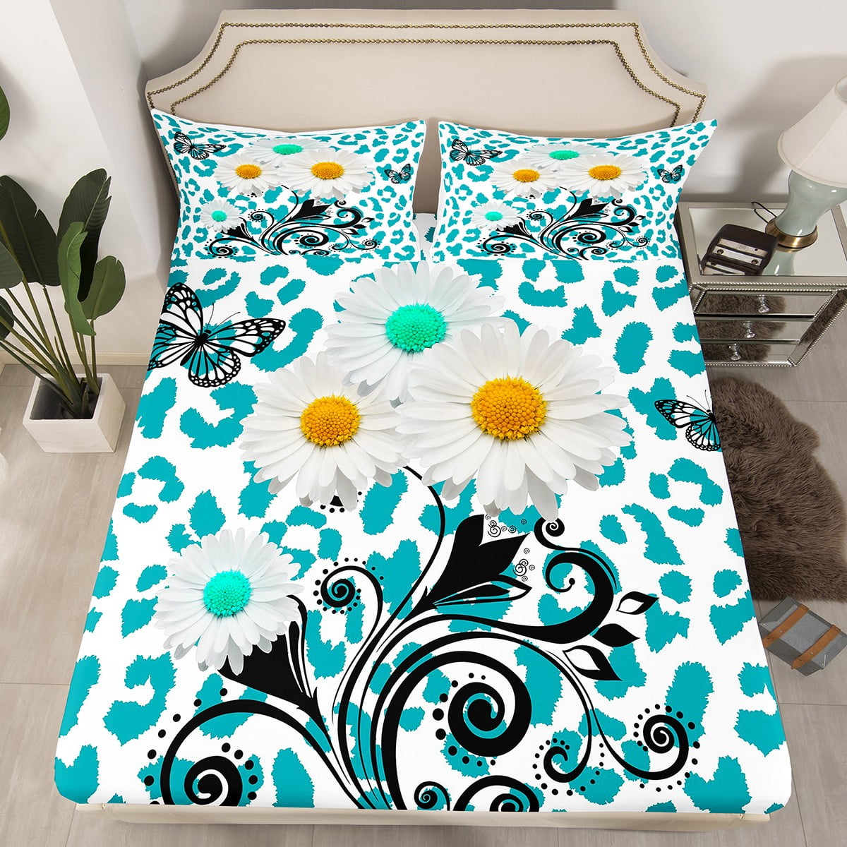 Yst White Flower Full Fitted Sheet Hair Skin Sheets Teal Blue Leopard