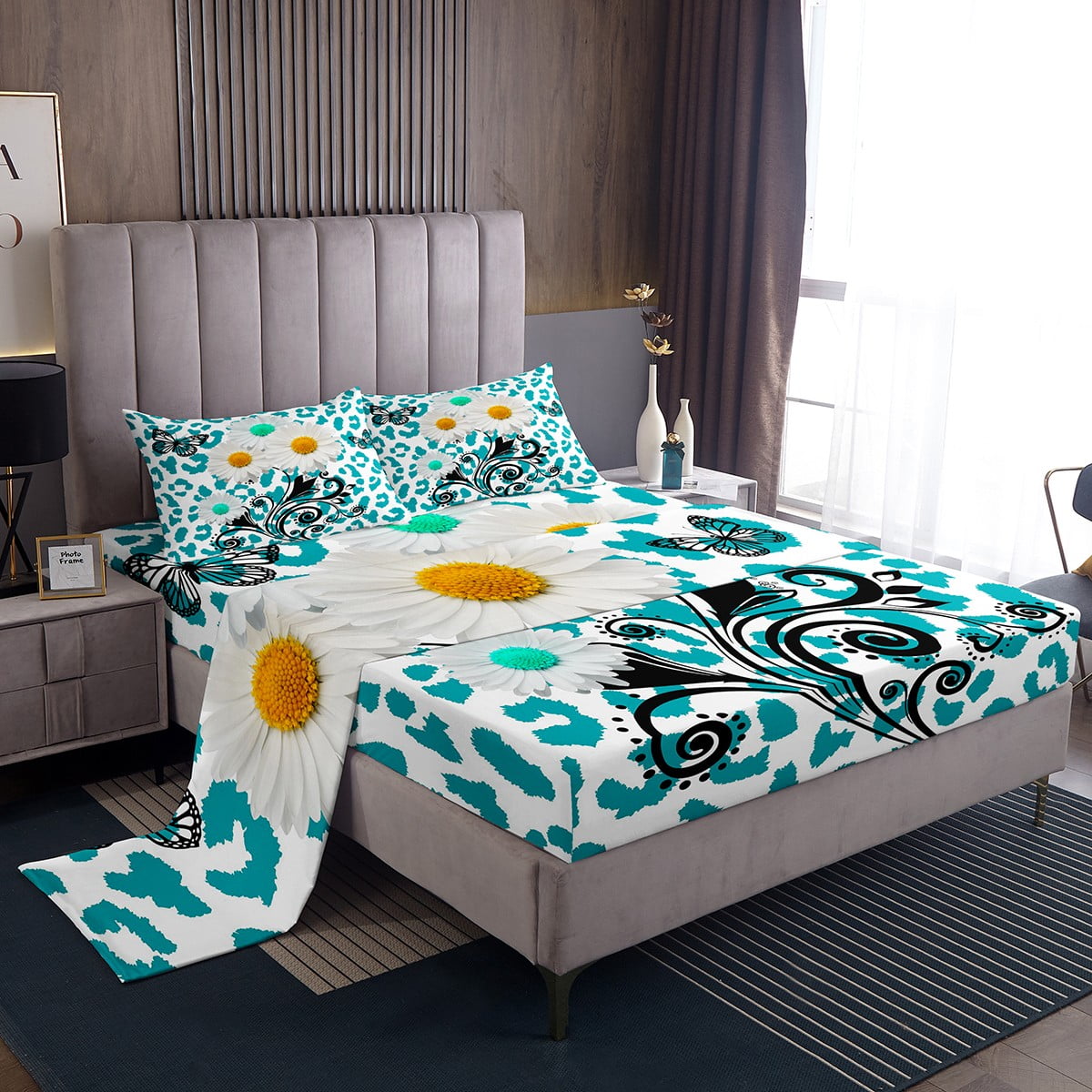Yst White Flower King Sheets Hair Skin Bed Set Teal Blue Leopard Print
