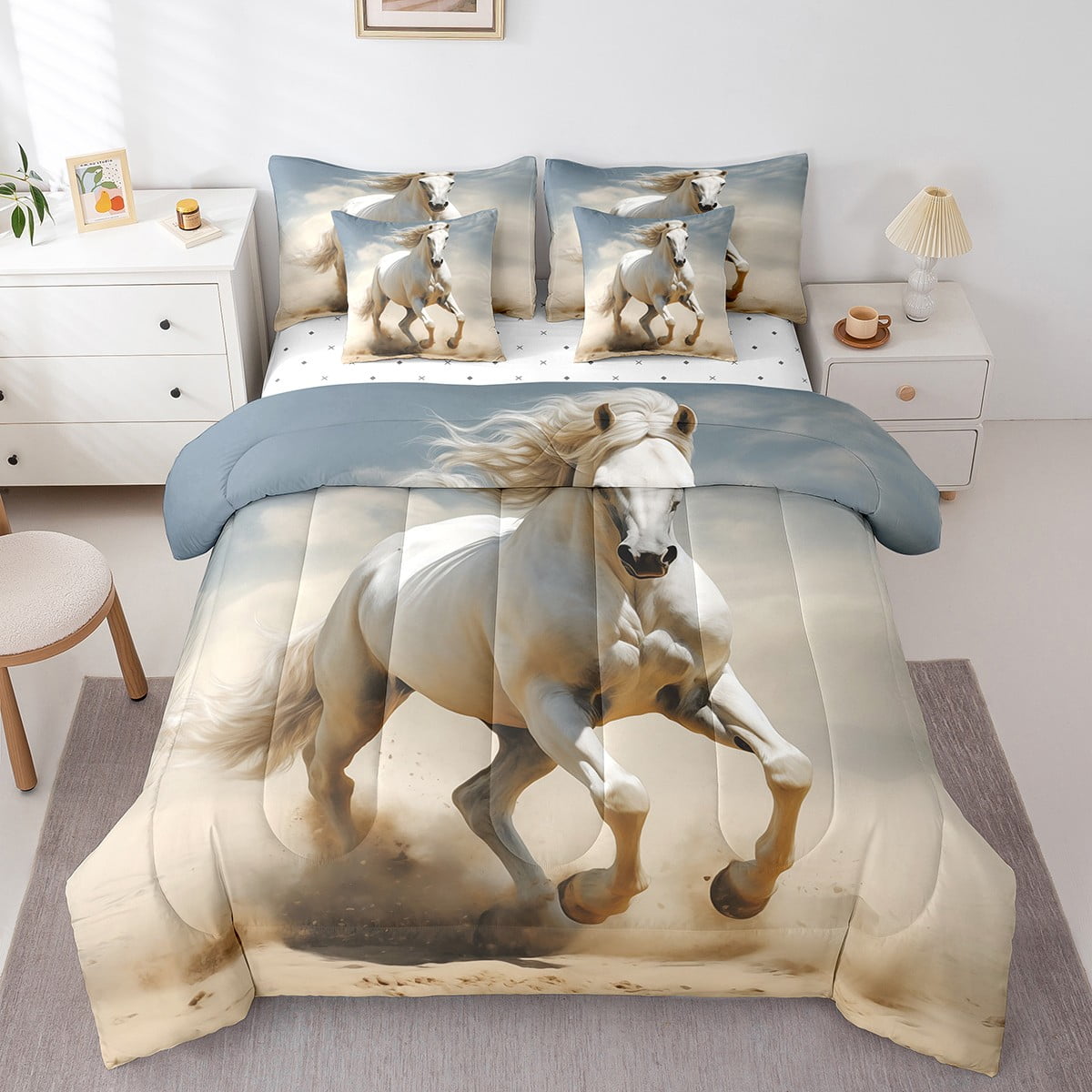 White Galloping Horse Bed in a Bag 7-Piece Horse Printed Queen Size Comforter Set,Horse Theme ...