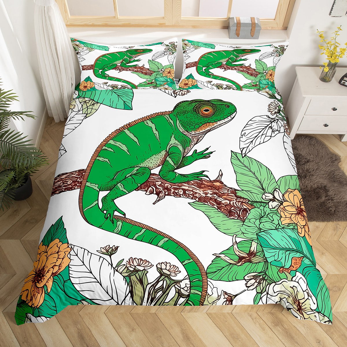 YST White And Green Bedding Sets Queen Cartoon Lizard Comforter Cover ...