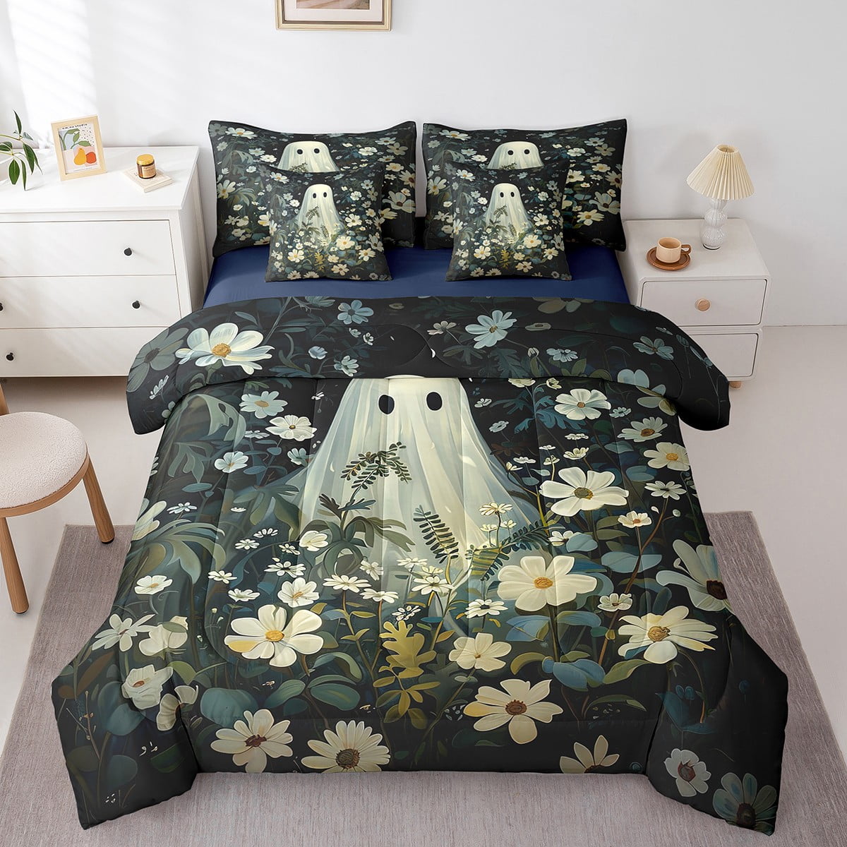 White Spooky Ghost Bed In A Bag With Sheets Gothic Halloween Bedding ...