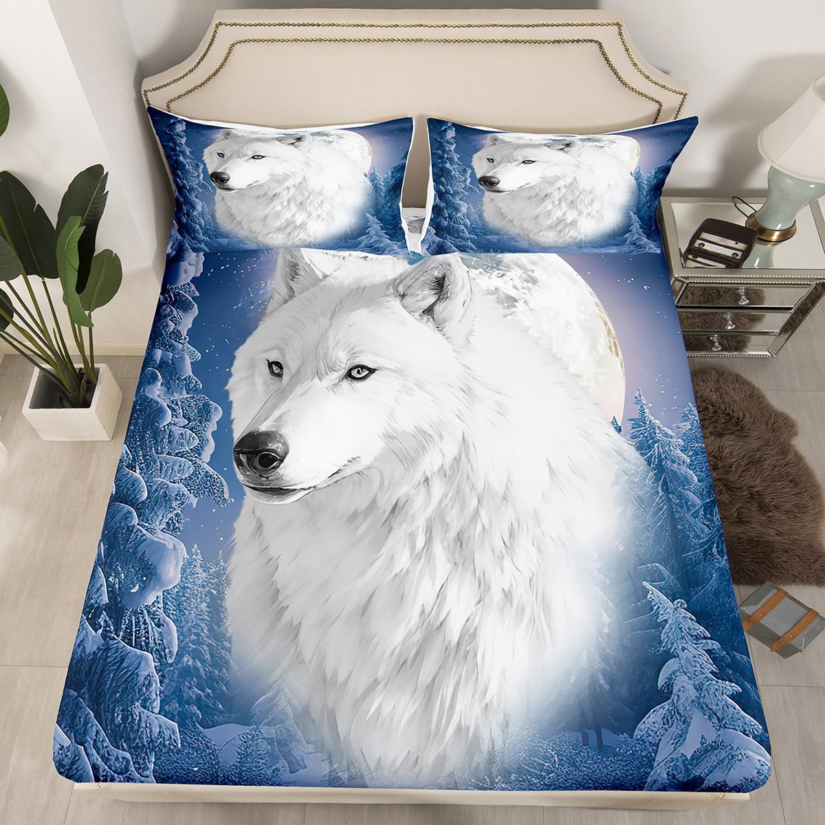 Erosebridal White Wolf Bedding Set Adults Winter Snow Wolf Fitted Sheet ...