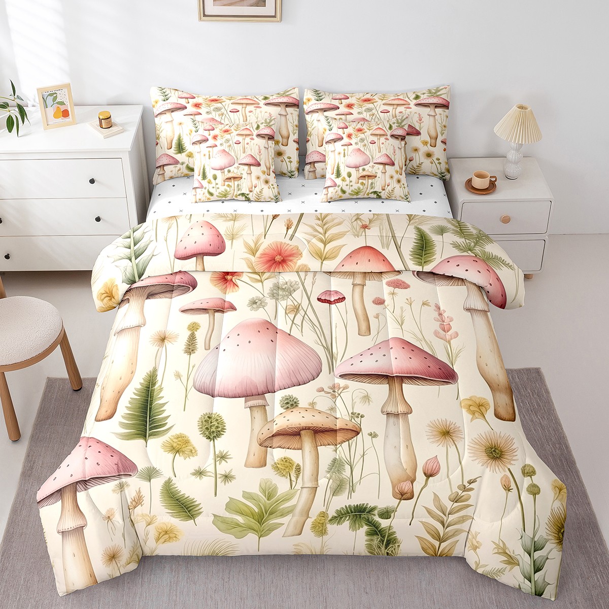 YST Wild Fungus Bed In A Bag 7-Piece For Kids Boys Girls Pink Mushroom King Size Comforter Set ...