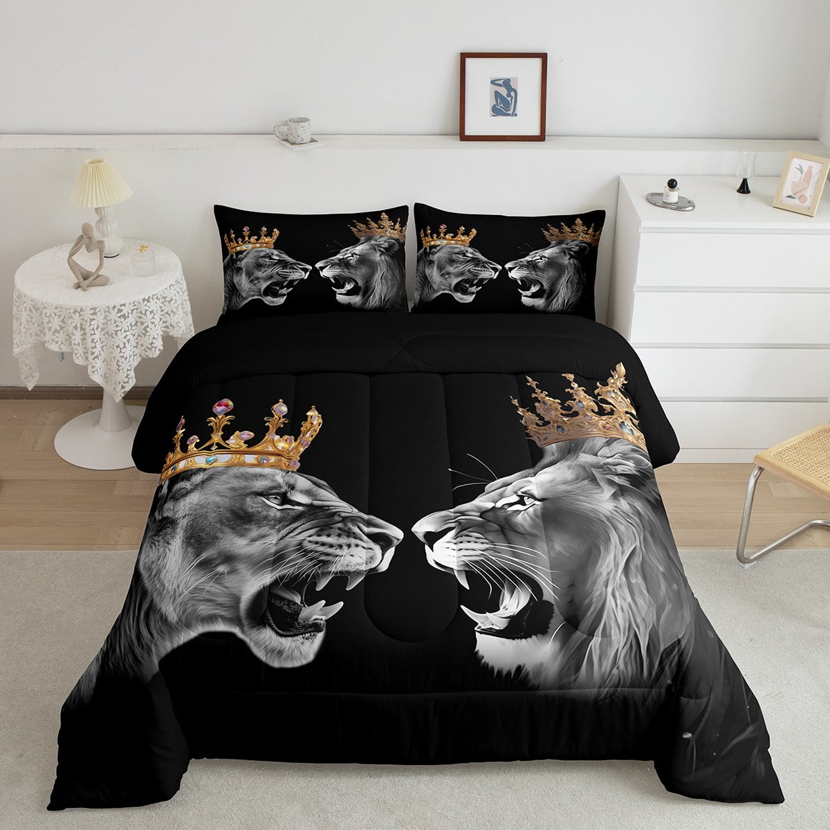 YST Wild Lion Couple Comforter Set Queen King And Queen Bedding Set For ...