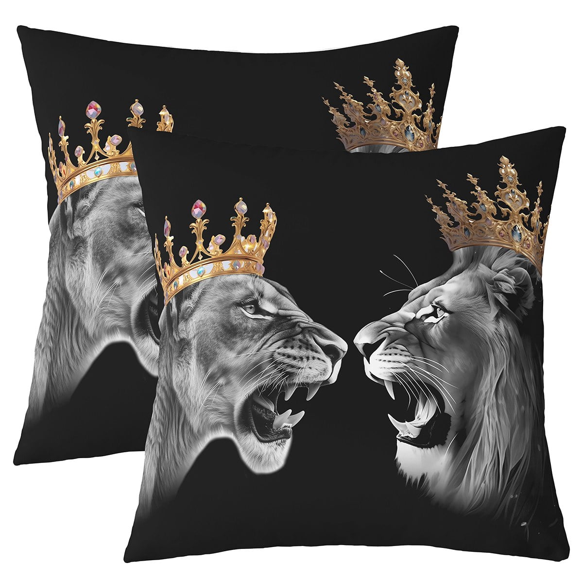 Wild Lion Couple Pack Of 2 Pillow Covers Crown Lion King And Queen ...