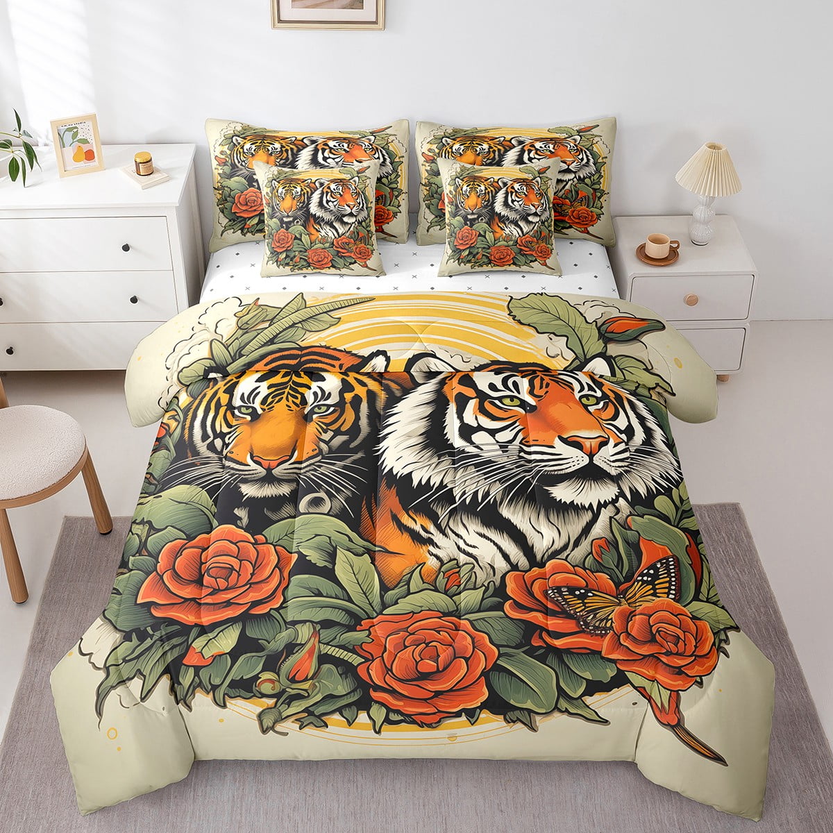 YST Wild Tiger Couple Bed in a Bag 7-Piece For Women Men Red Flower ...