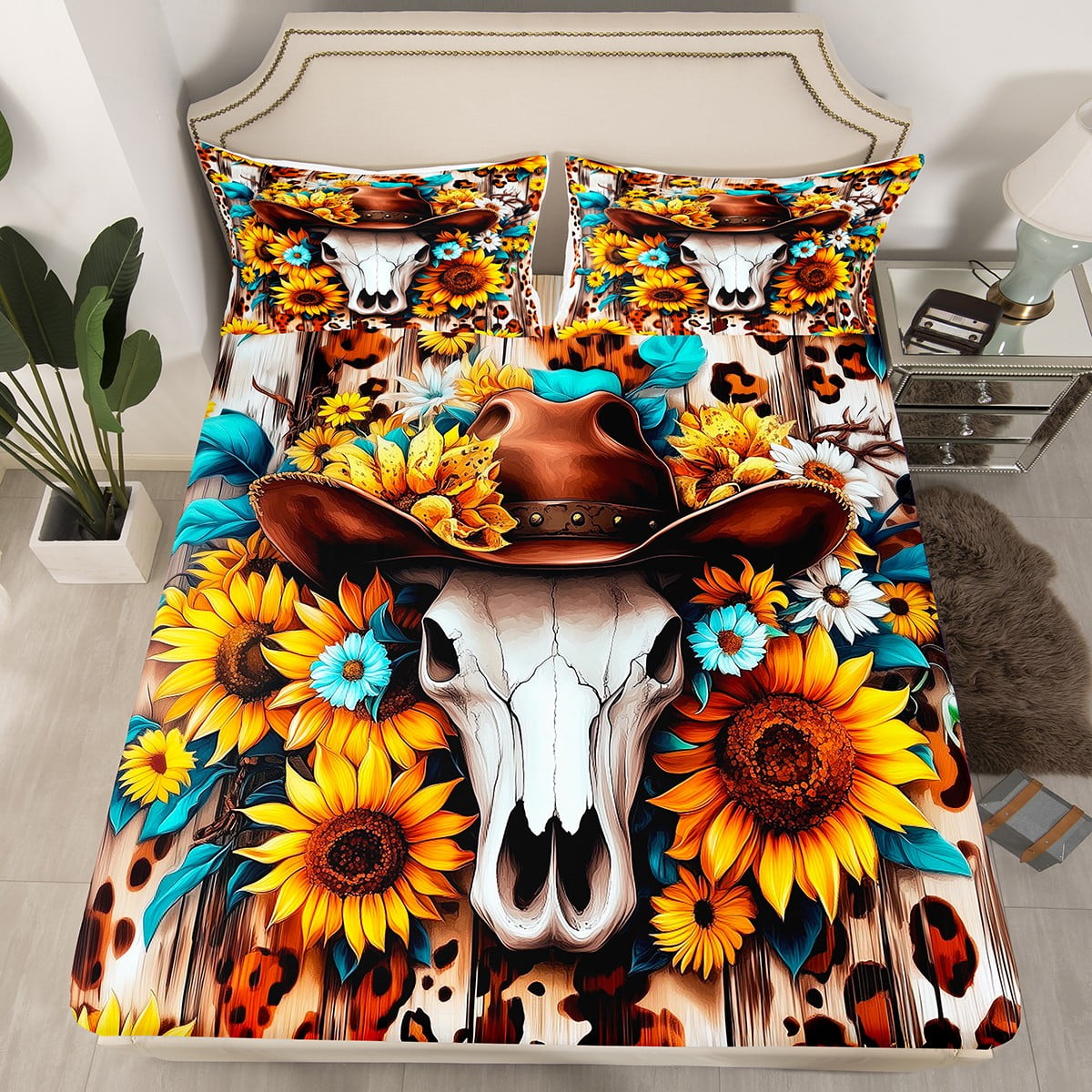 YST Wild Western Fitted Sheet Bull Skull Bedding Set Boho Sunflower ...