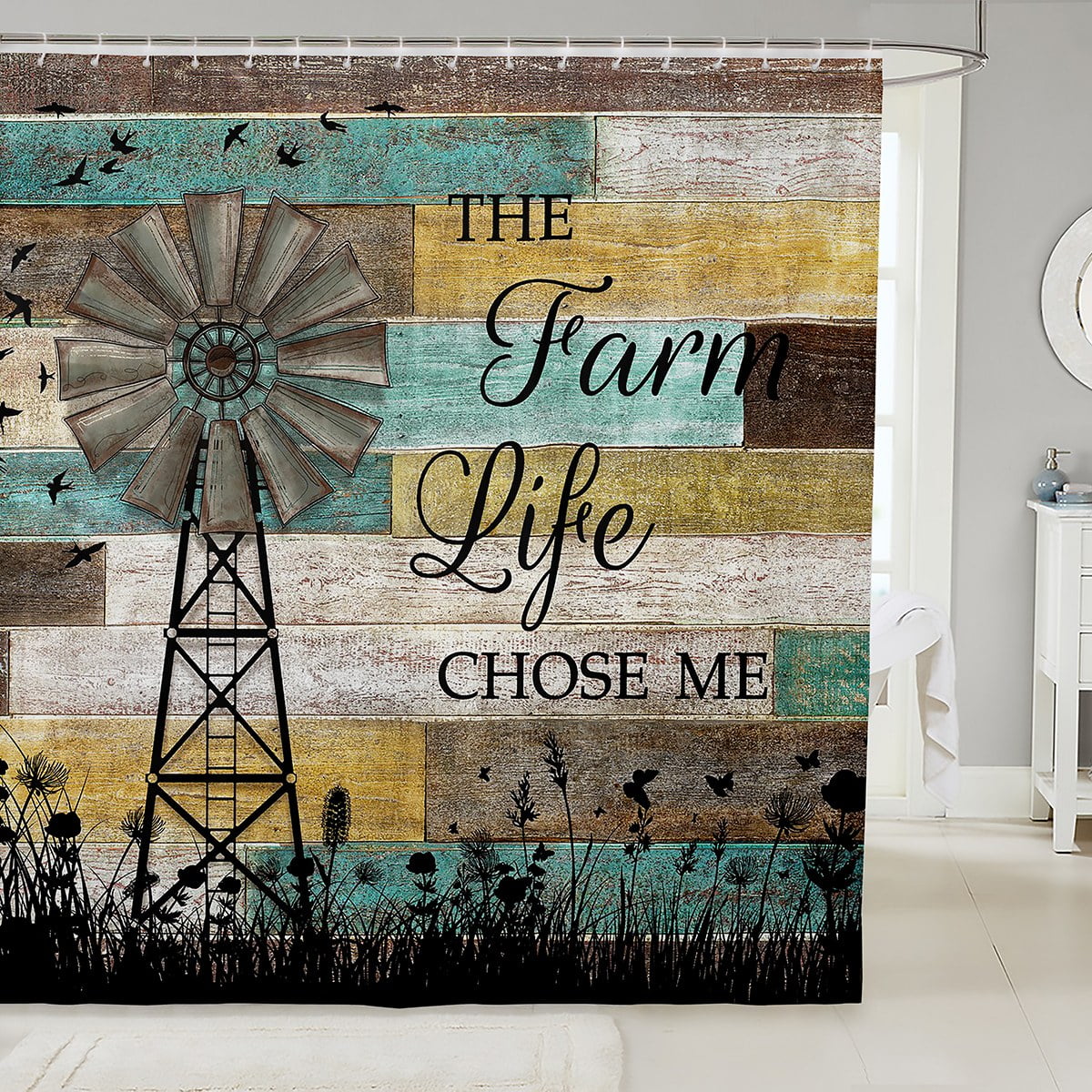 YST Windmill Bath Curtain, Farmhouse Rustic Shower Curtain 72" W X 72 ...