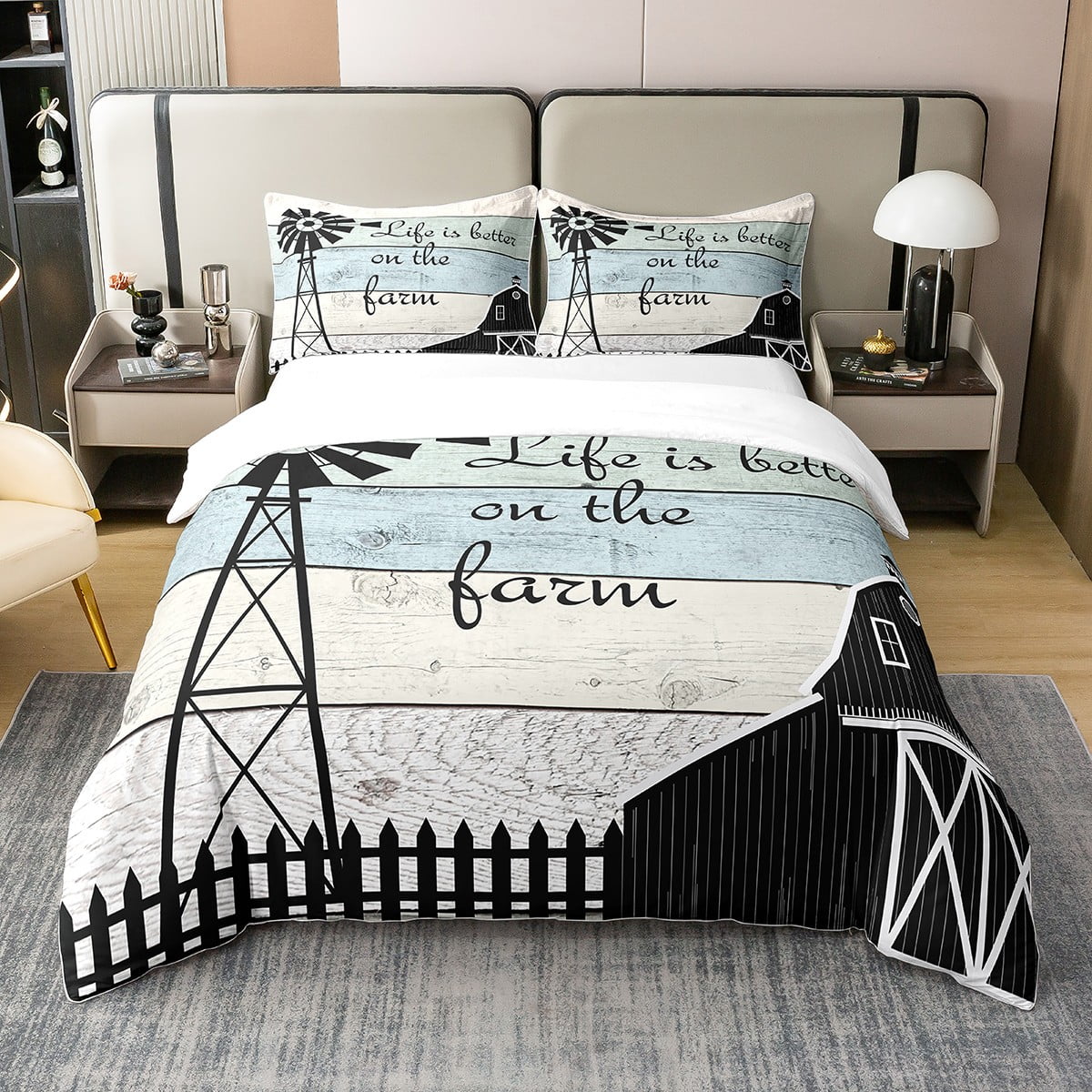 YST Windmill Decor Farmhouse 100% Cotton Duvet Cover Country Vintage ...