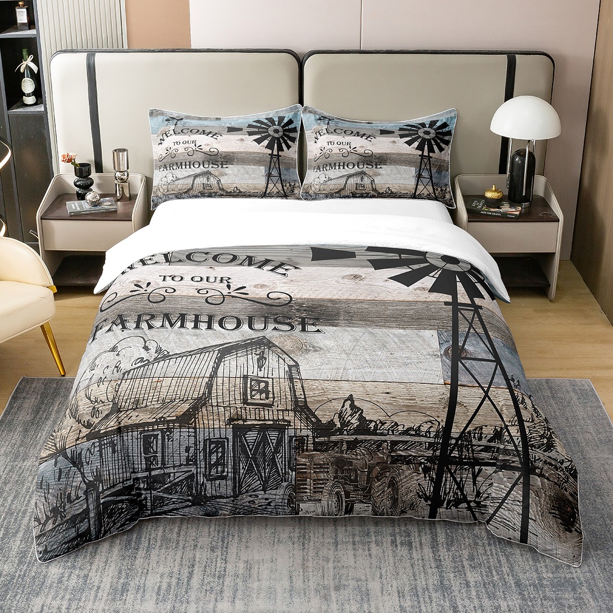YST Windmill Decor Farmhouse 100% Cotton Duvet Cover Country Vintage ...