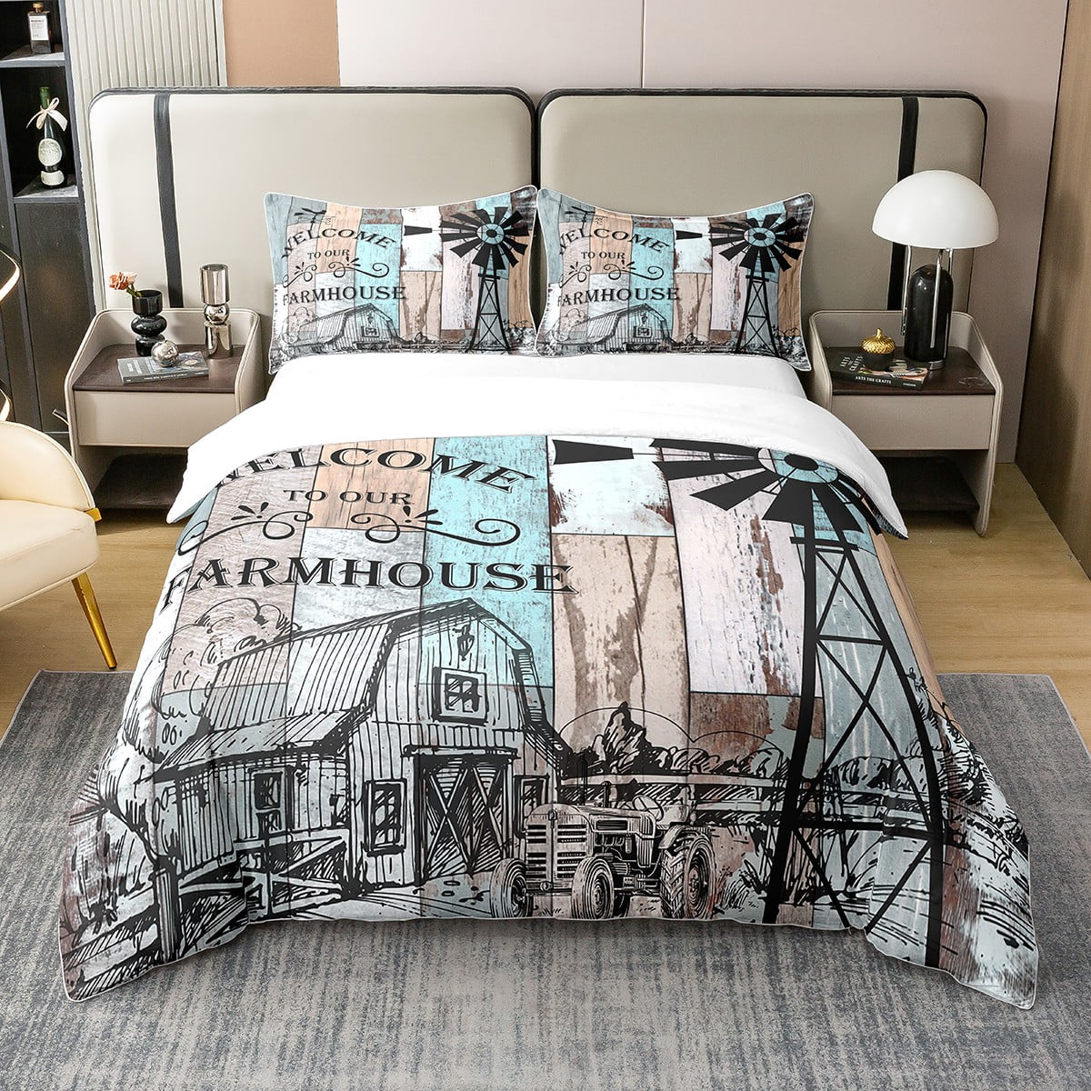 YST Windmill Decor Farmhouse 100% Cotton Duvet Cover Country Vintage ...
