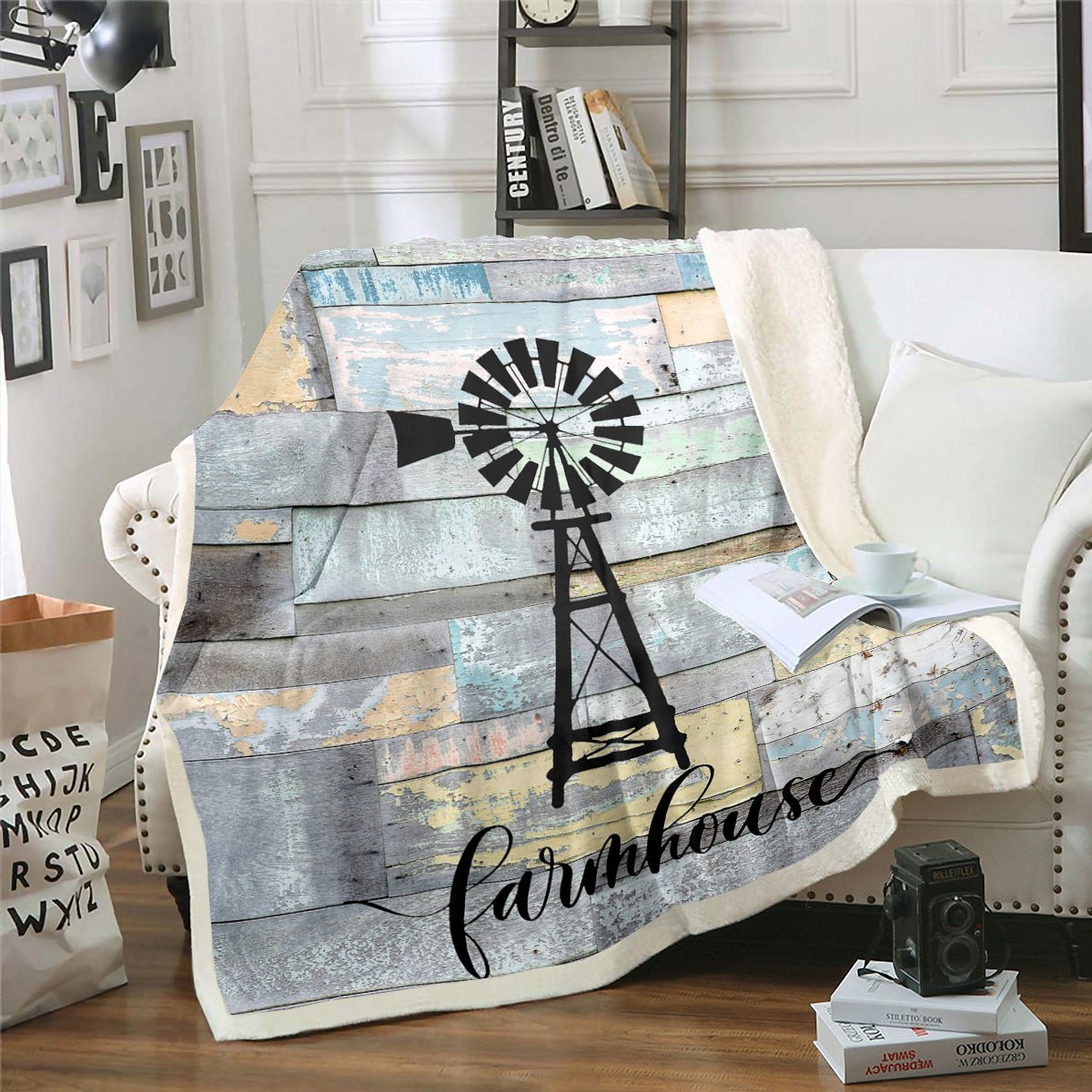 YST Windmill Decor Farmhouse Sherpa Blanket, Vintage Country Western ...