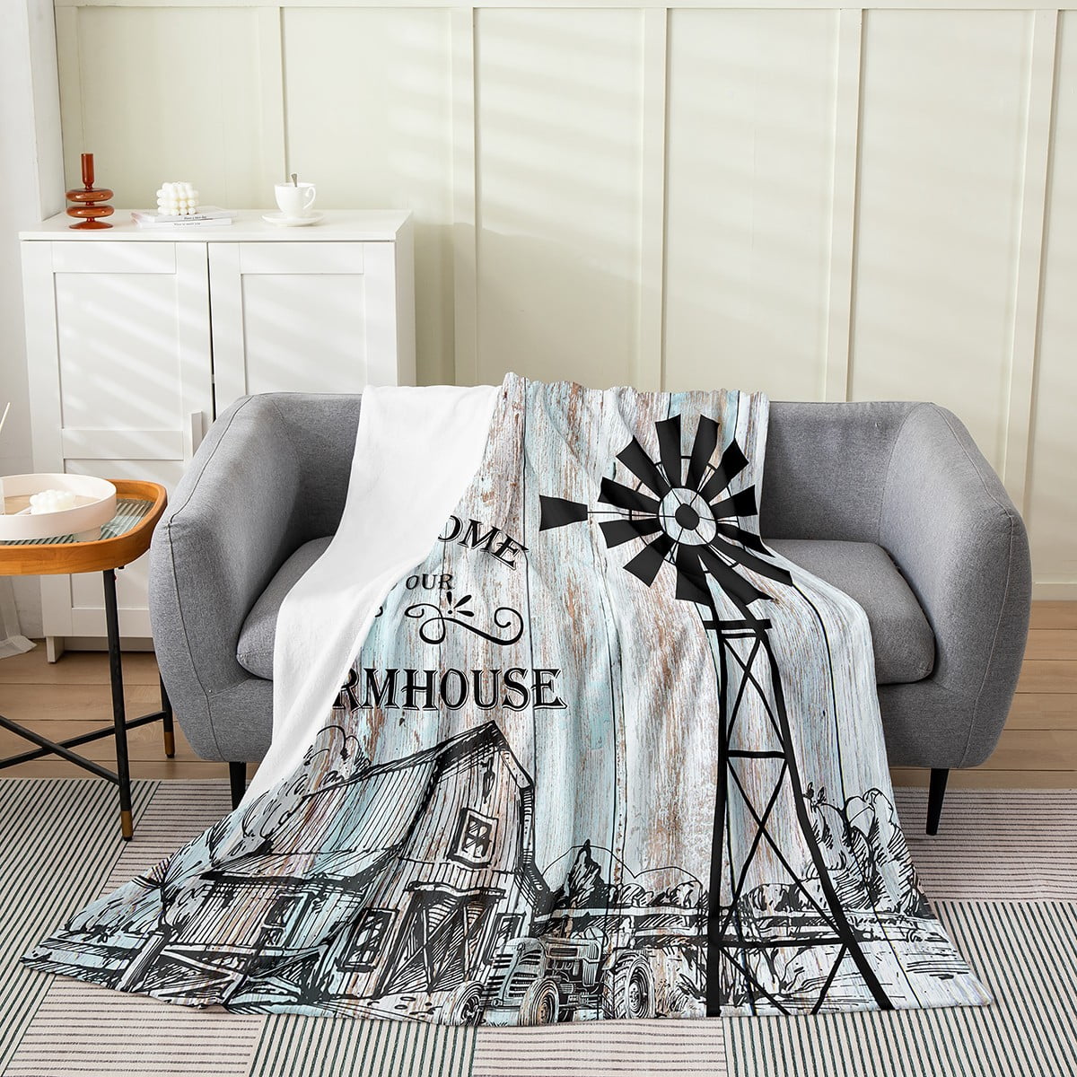 Windmill Decor Farmhouse Throw Blanket Cowboy Vintage Barn Door Fleece ...